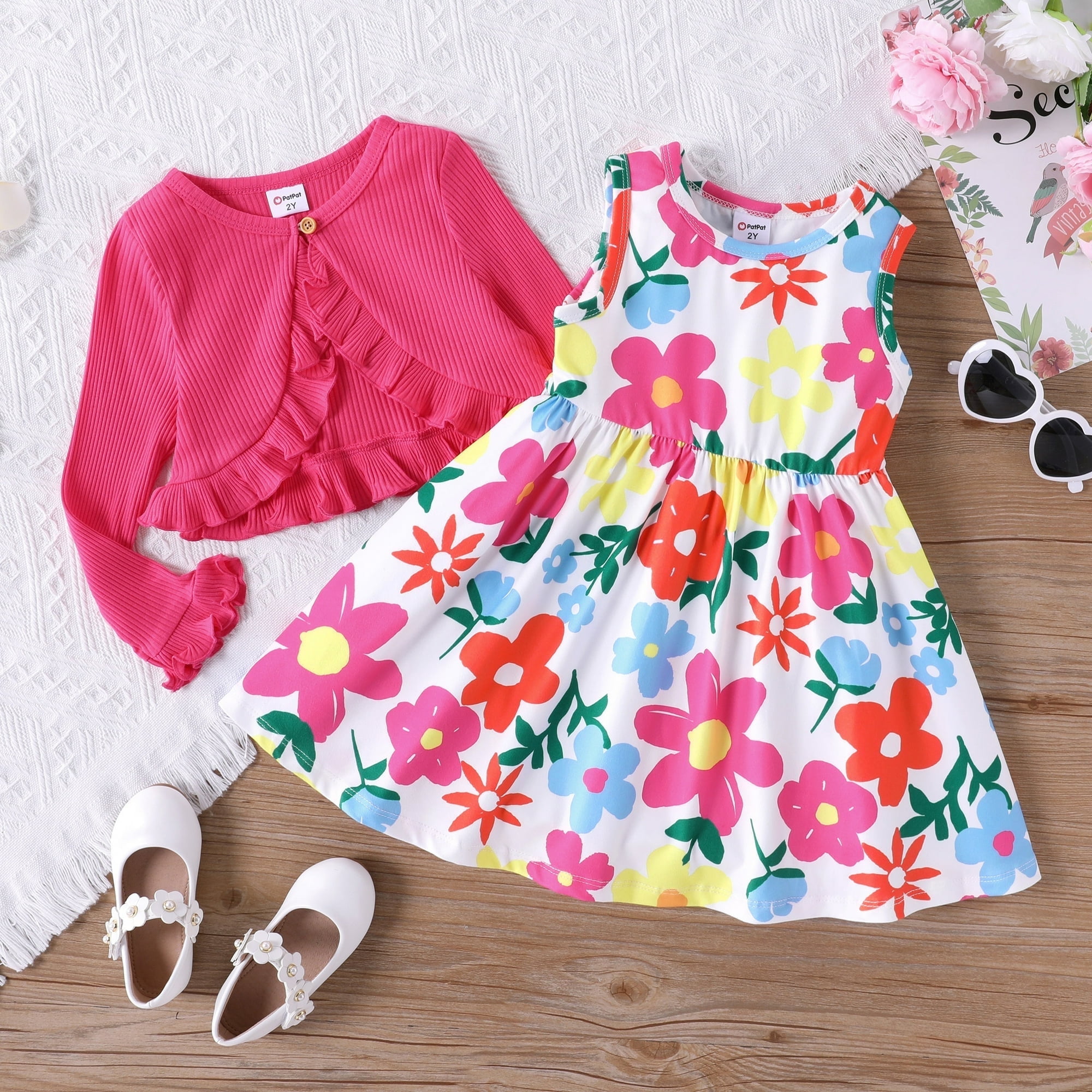 PatPat Toddler Girl Clothes 2pcs Sweet Ruffled Cardigan and Floral ...