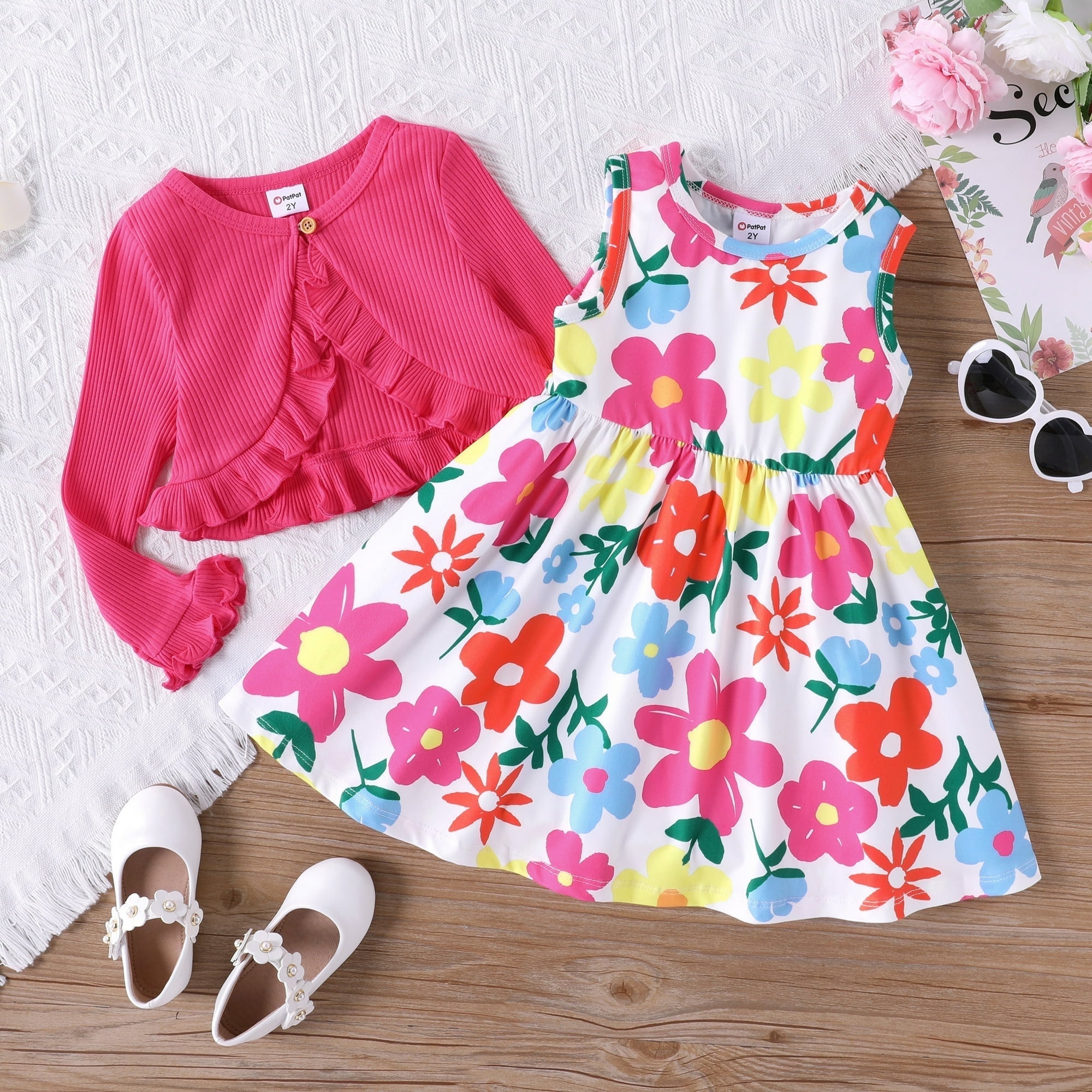 PatPat Toddler Girl Clothes 2pcs Sweet Ruffled Cardigan and Floral Pattern Dress Set, 3 Years ...