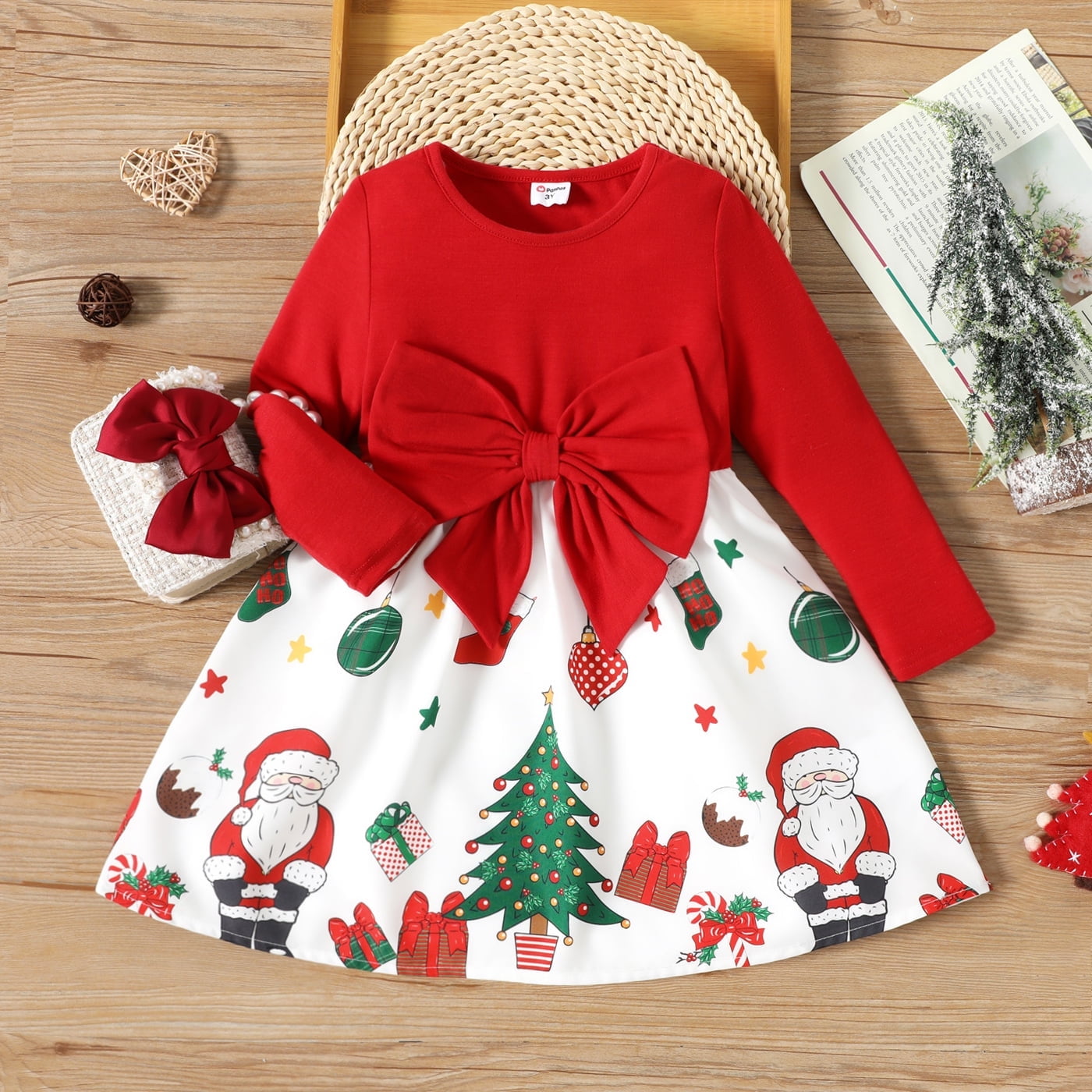 PatPat Toddler Girls Christmas Dress Red Bowknot Holiday Outfit Skirt,Long Sleeve Cartoon Santa ...