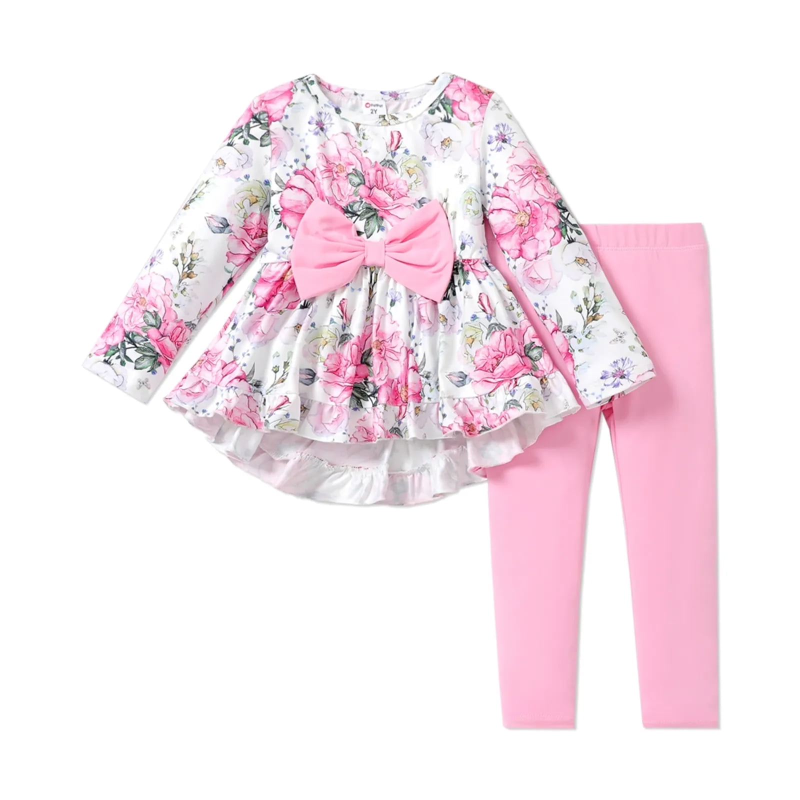 PatPat Toddler Girls Clothes Baby Girls Outfits 2 Piece Floral Bowknot Ruffled Long Sleeve ...