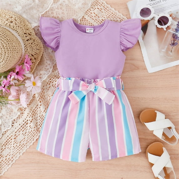 PatPat Toddler Girls 2pcs Outfit Set: Sweet Flutter Sleeve Top and Stripe Belted Shorts, Light ...