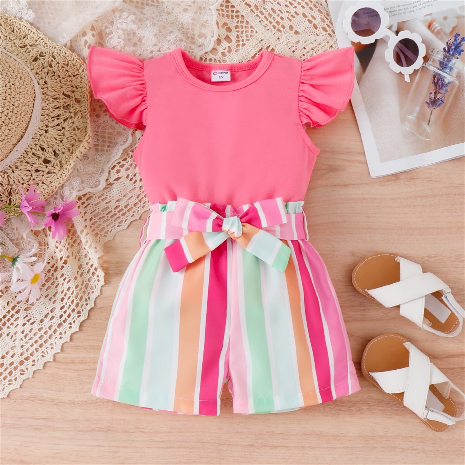 PatPat Toddler Girls Outfits Baby Little Girl Clothes Sets 2pcs Sweet Girly Flutter Sleeve Top ...