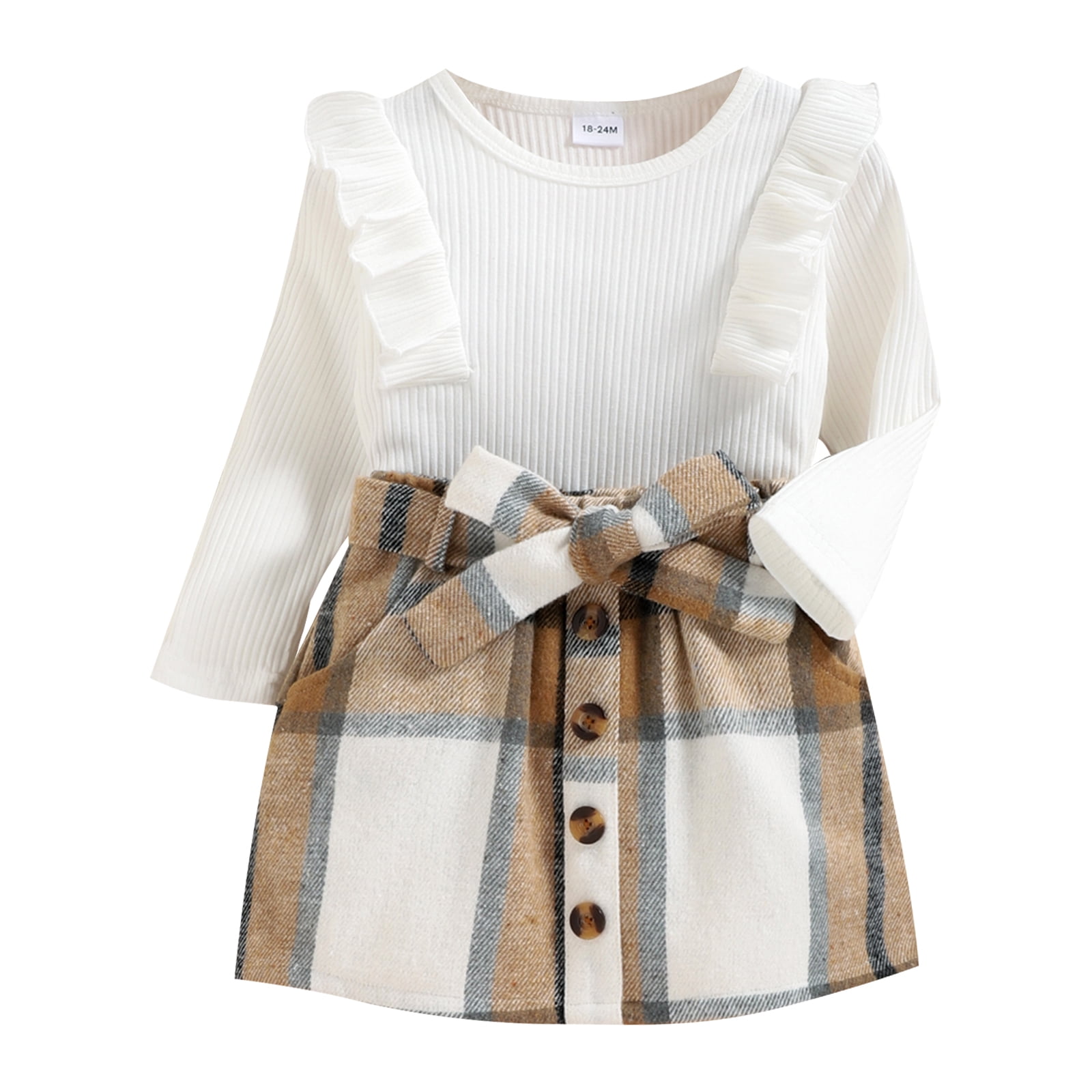 PatPat Toddler Girls Outfits Little Girl Clothes Ruffled Ribbed Top and Bow Plaid Skirt Set ...
