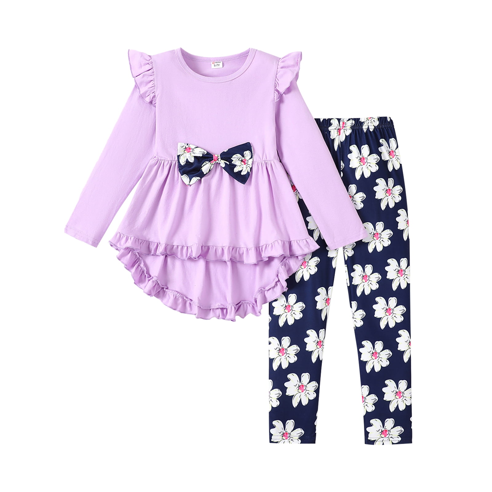 PatPat Toddler Kid Girl Outfits 2 Pieces Bowknot Ruffled Long Sleeves T-Shirt Flower Allover ...