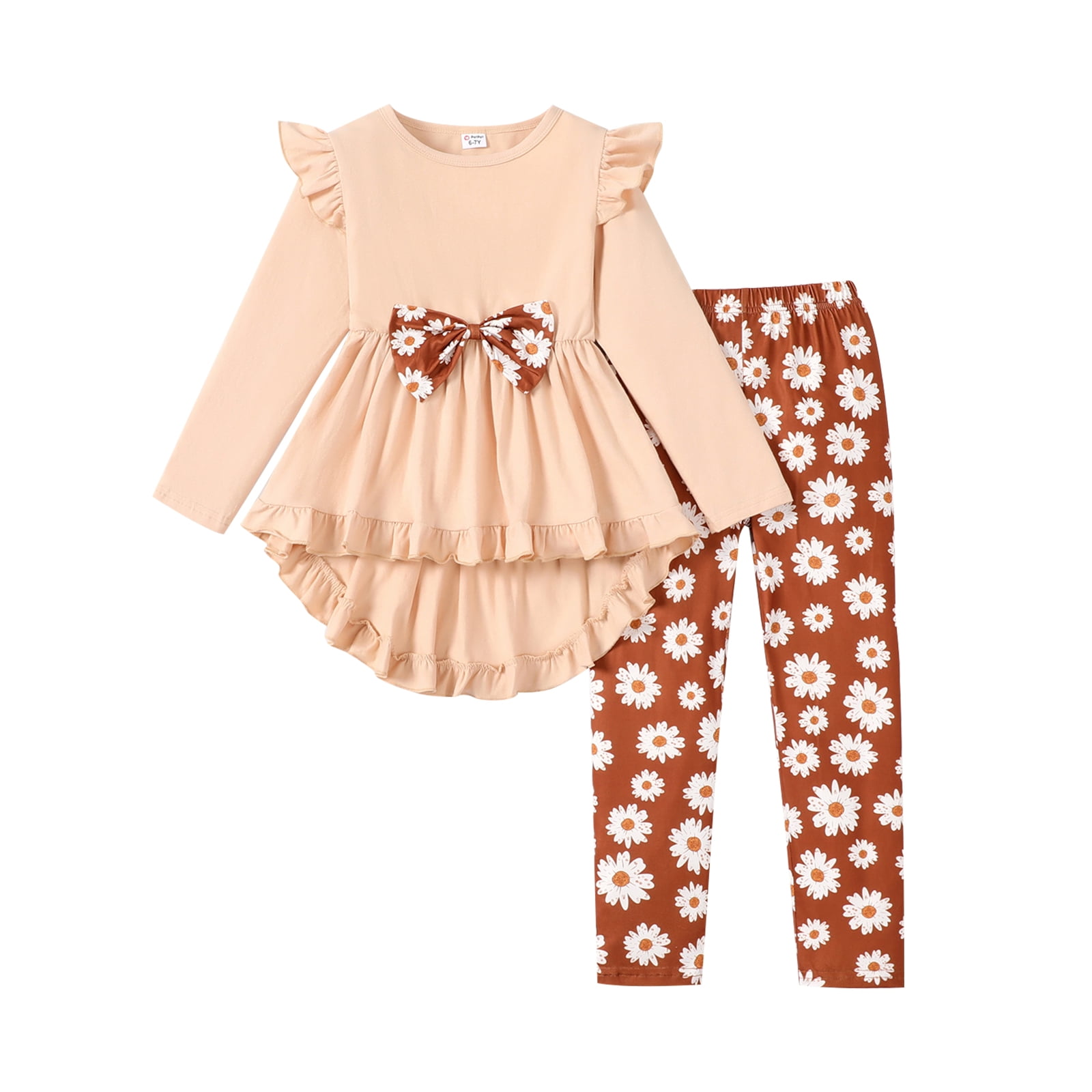 PatPat Toddler Kid Girl Outfits 2 Pieces Bowknot Ruffled Long Sleeves T-Shirt Flower Allover ...