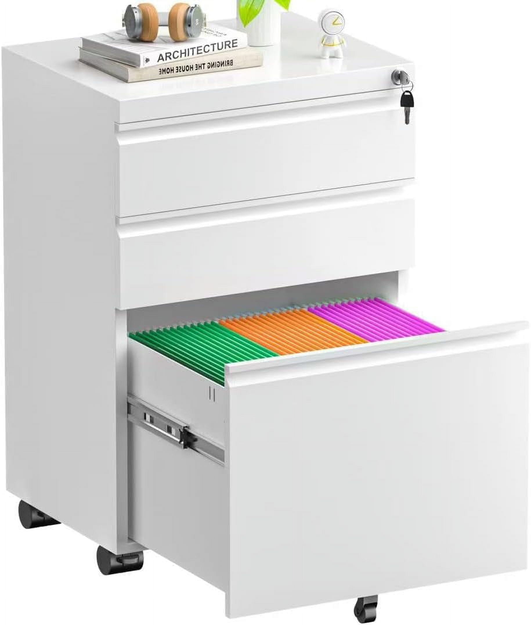 Pataku White File Cabinet 3 Drawer, Mobile File Cabinets with Lock and ...