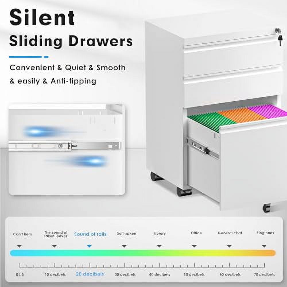 Pataku White File Cabinet 3 Drawer, Mobile File Cabinet with Lock and ...