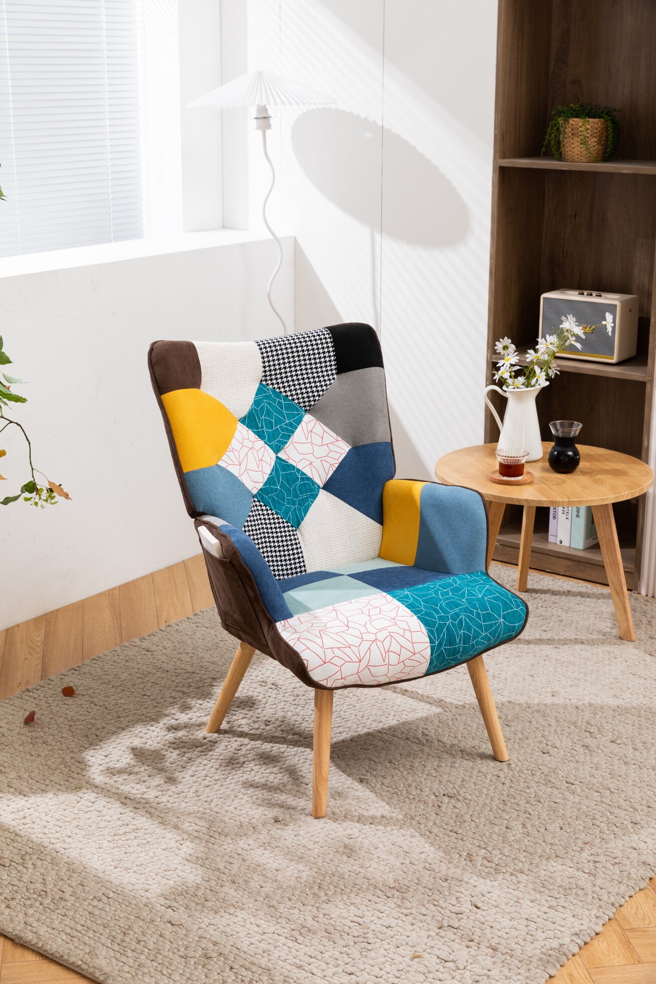 Patchwork Accent Chair, Linen Upholstered Armchair with Side Pockets ...