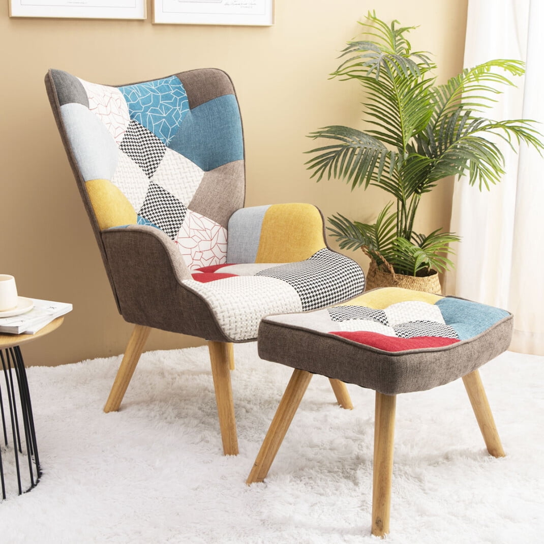 Patchwork Accent Chair with Ottoman, Upholstered Wingback Barrel Chair ...
