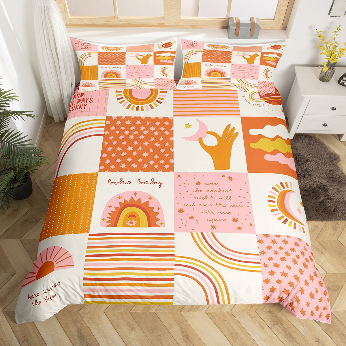 Patchwork Boho Kids Comforter Cover Twin Rainbow Stars Moon Sun Bedding ...