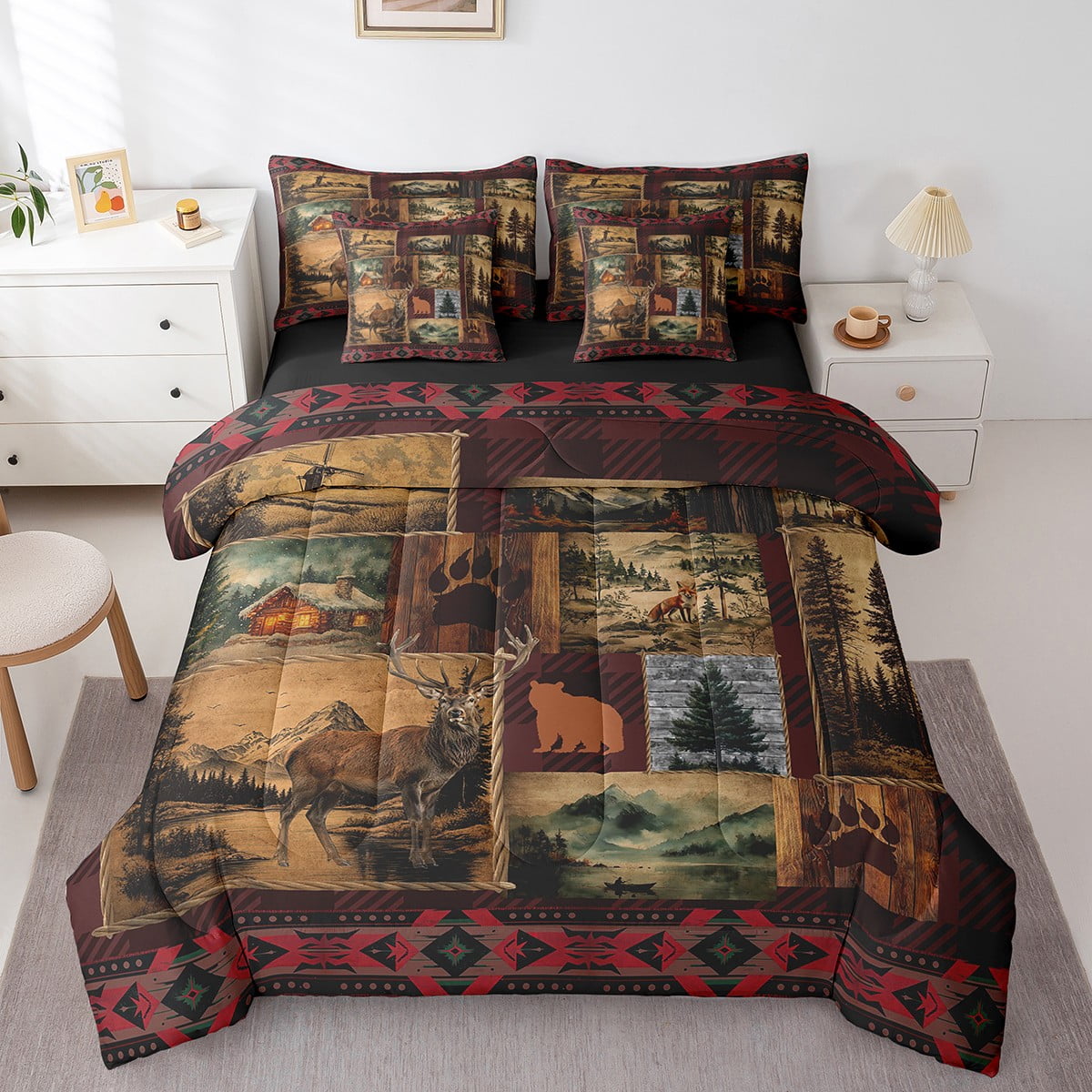 Patchwork Cabin Lodge Bedding Set Full 7 Pcs,Bear Deer Hunting Bed in a ...