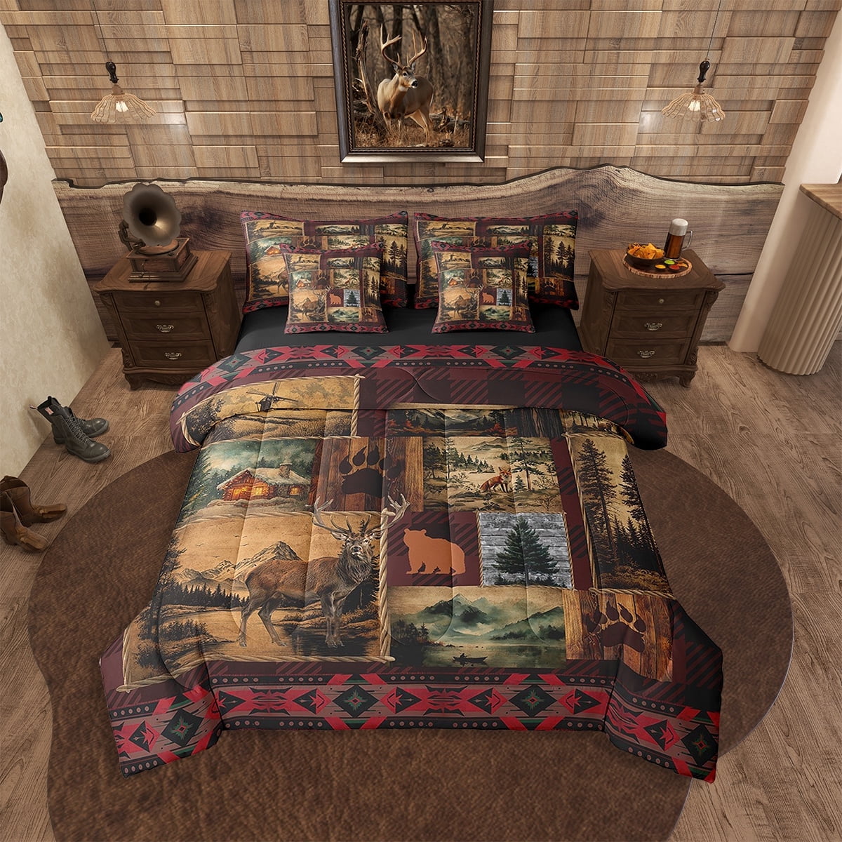 Patchwork Cabin Lodge Bedding Set Twin 7 Pcs,Bear Deer Hunting Bed in a ...