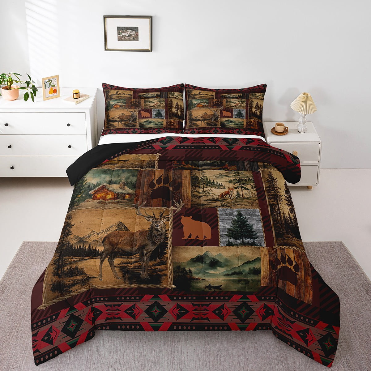 Patchwork Cabin Lodge Down Comforter Full,Bear Deer Hunting Comforter ...