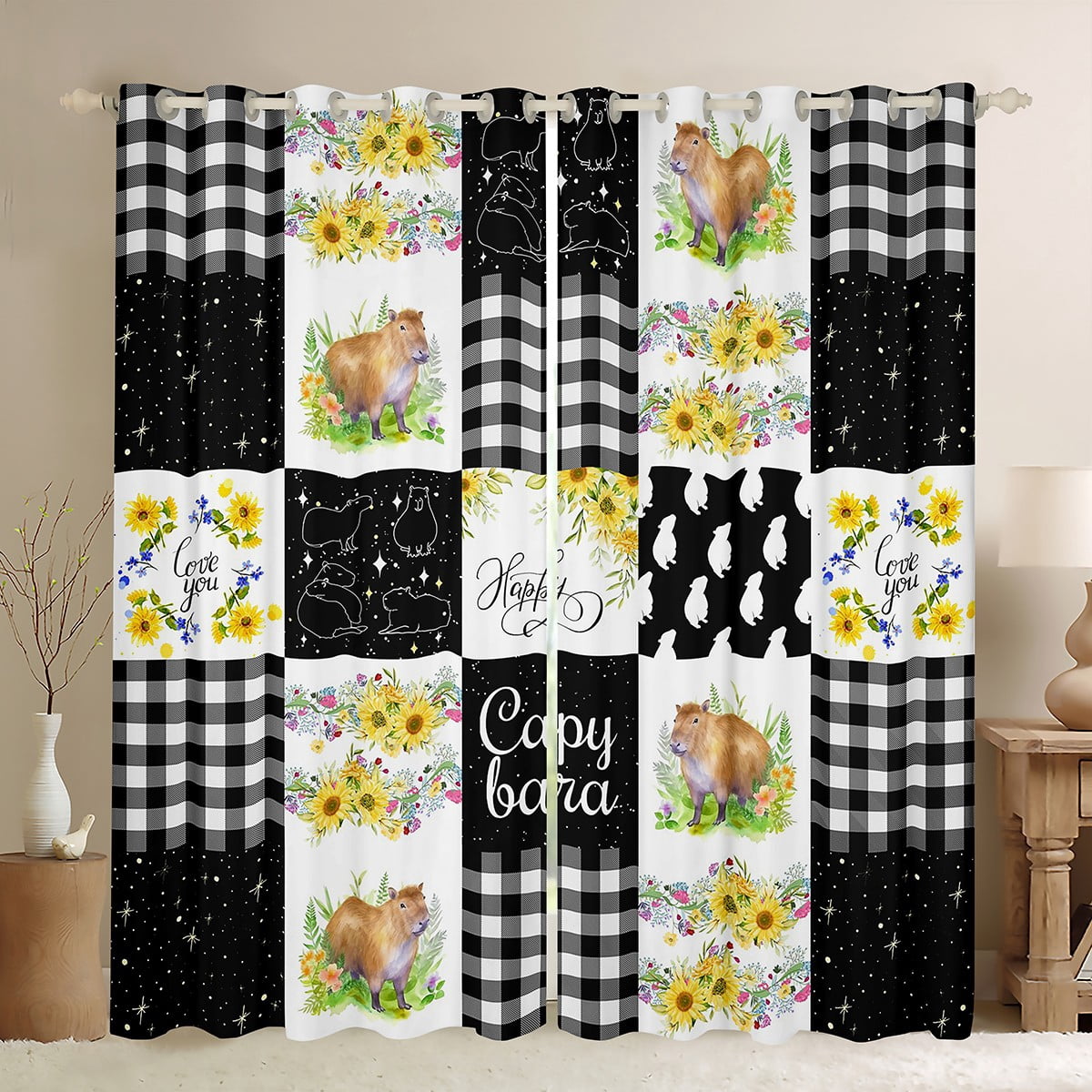 Patchwork Capybara Blackout Curtains For Bedroom 42"Wx90"L,Cute Black ...