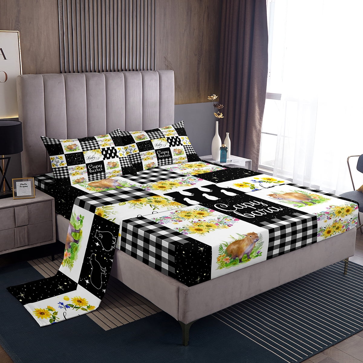 Patchwork Capybara Kids Bedding Set King,Cute Black White Buffalo Plaid ...
