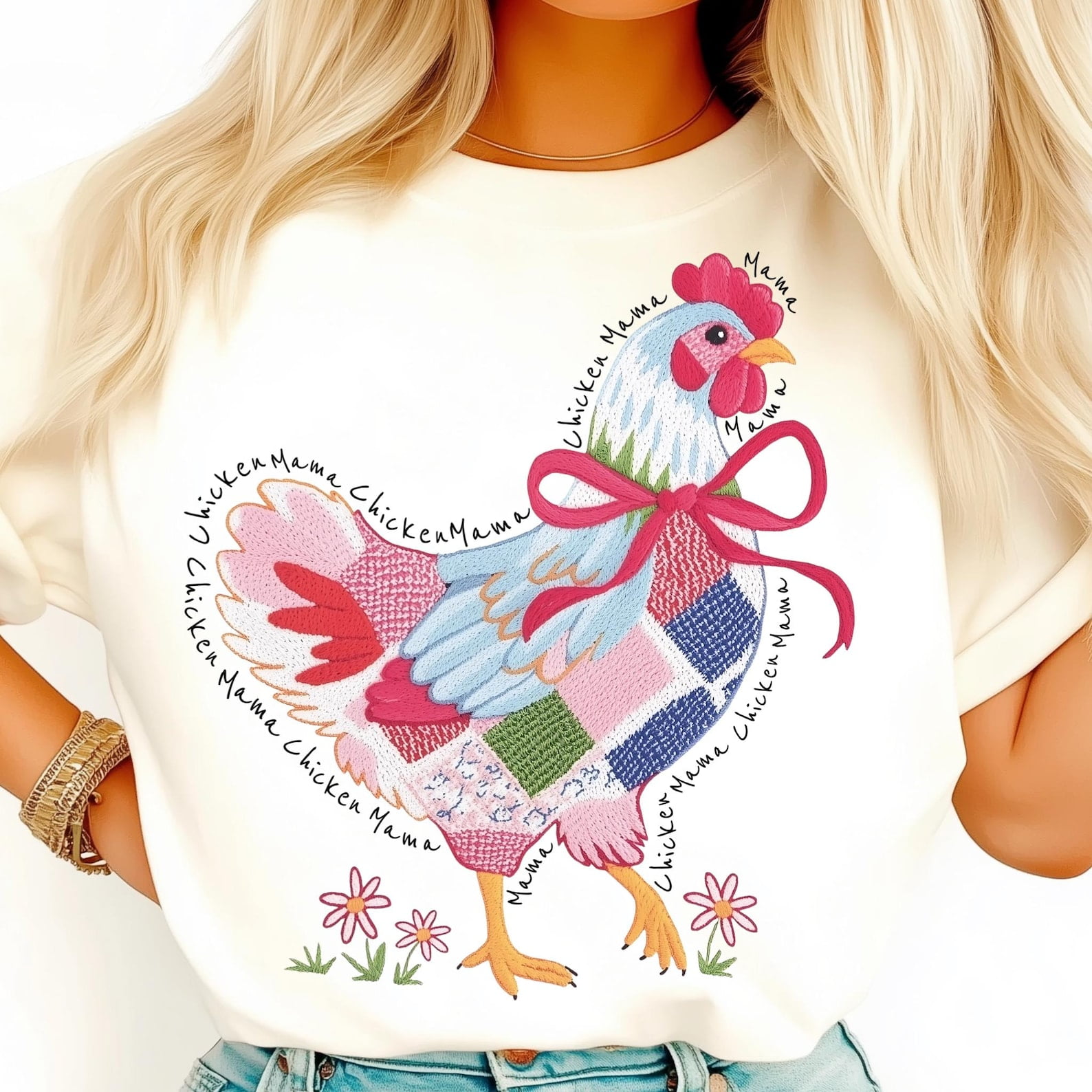 Patchwork Chicken Mama Shirt, Cute Farm Hen Shirt, Country Style Embroidery Shirt, Spring ...