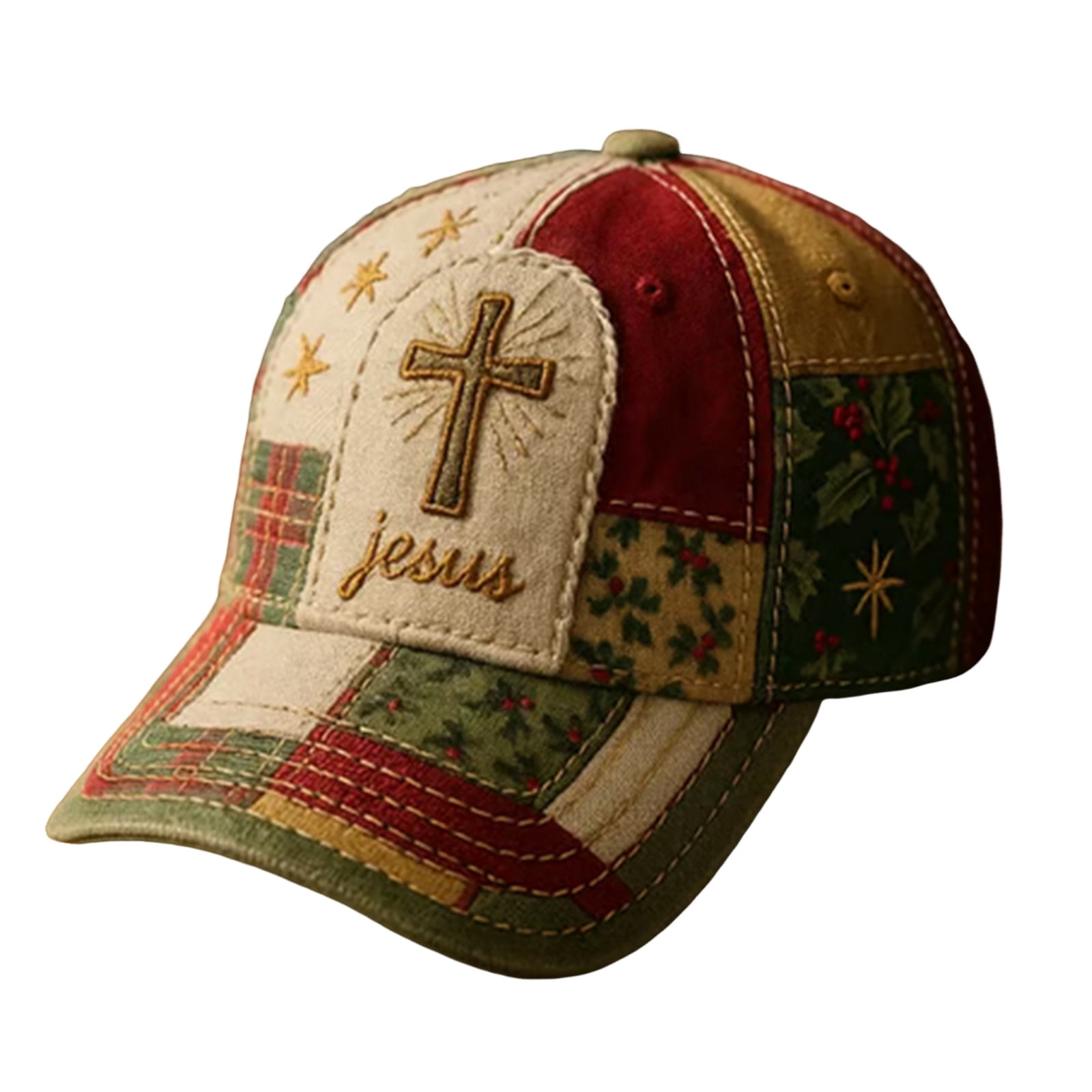 Patchwork Christmas Cap, Handmade Vintage Holiday Hat with Embroidered ...