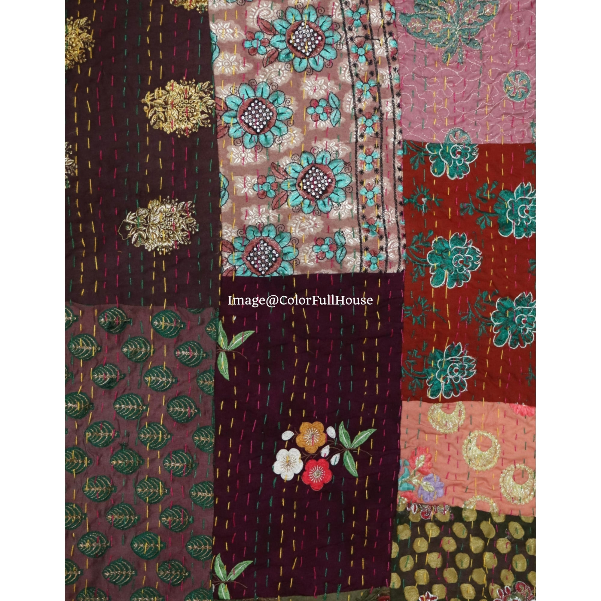 Patchwork Cotton,Silk Katha Quilt,Vintage Gudri, Bedsheet, Bedspread ...