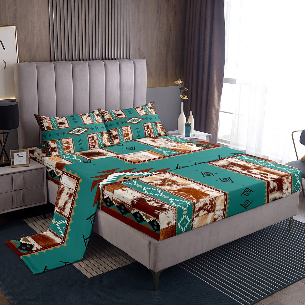 Patchwork Cowhide Bed Sheets Set Bohemian Exotic Geometry Western Sheet ...