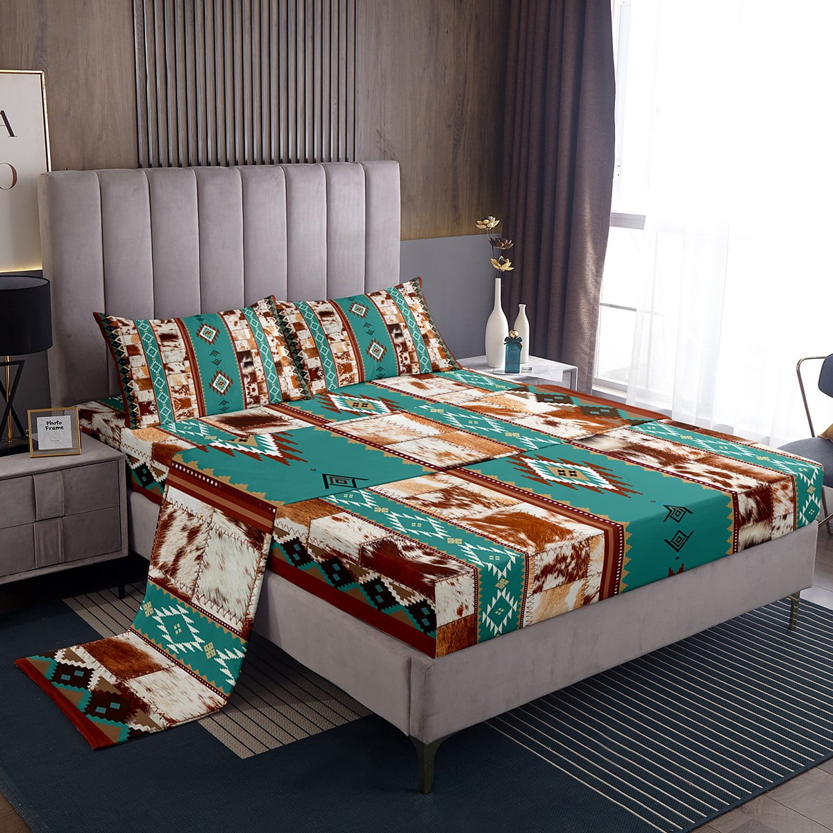 Patchwork Cowhide Bed Sheets Set Geometric Diamond Triangle Western ...