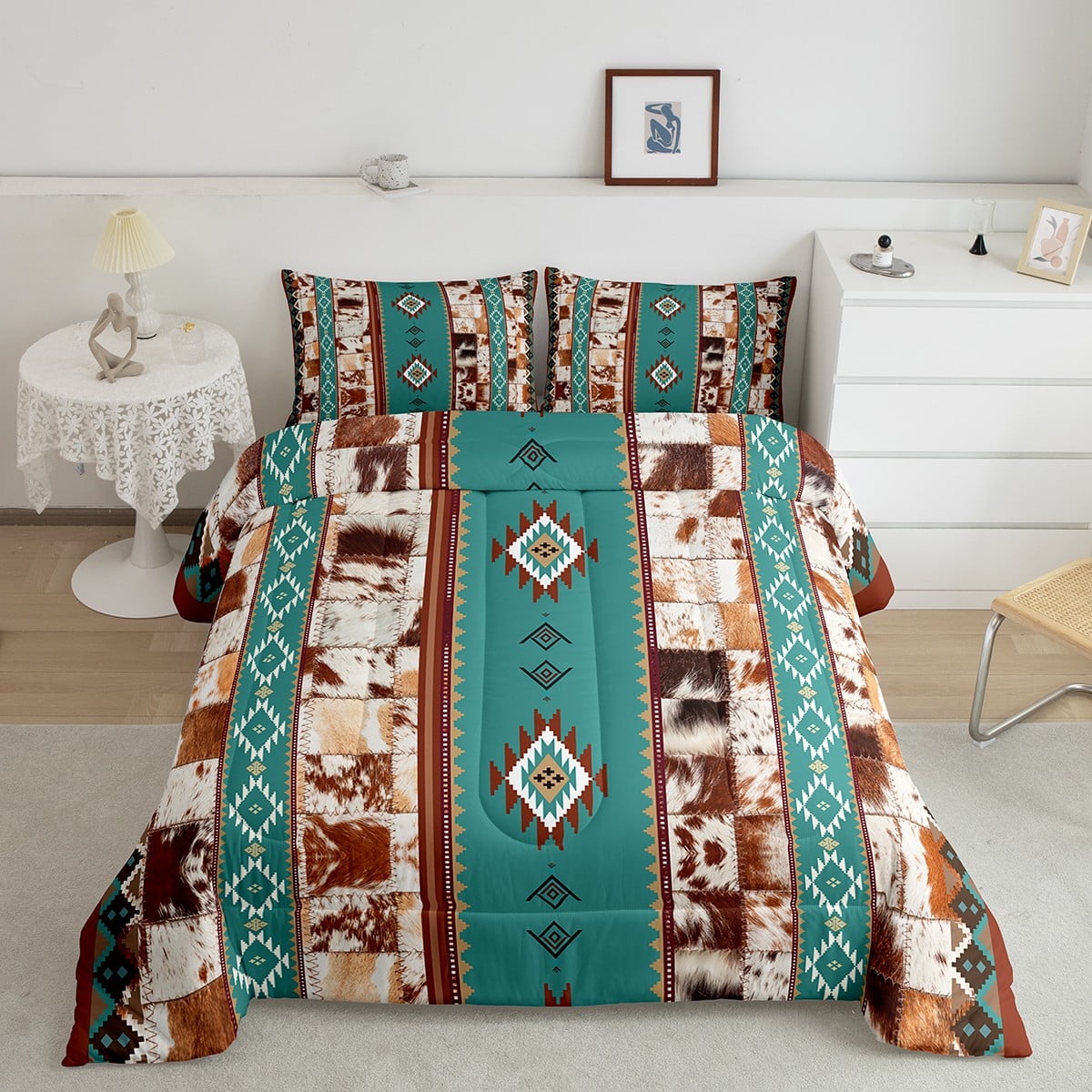 Patchwork Cowhide Bedding Set Bohemian Exotic Geometry Western ...
