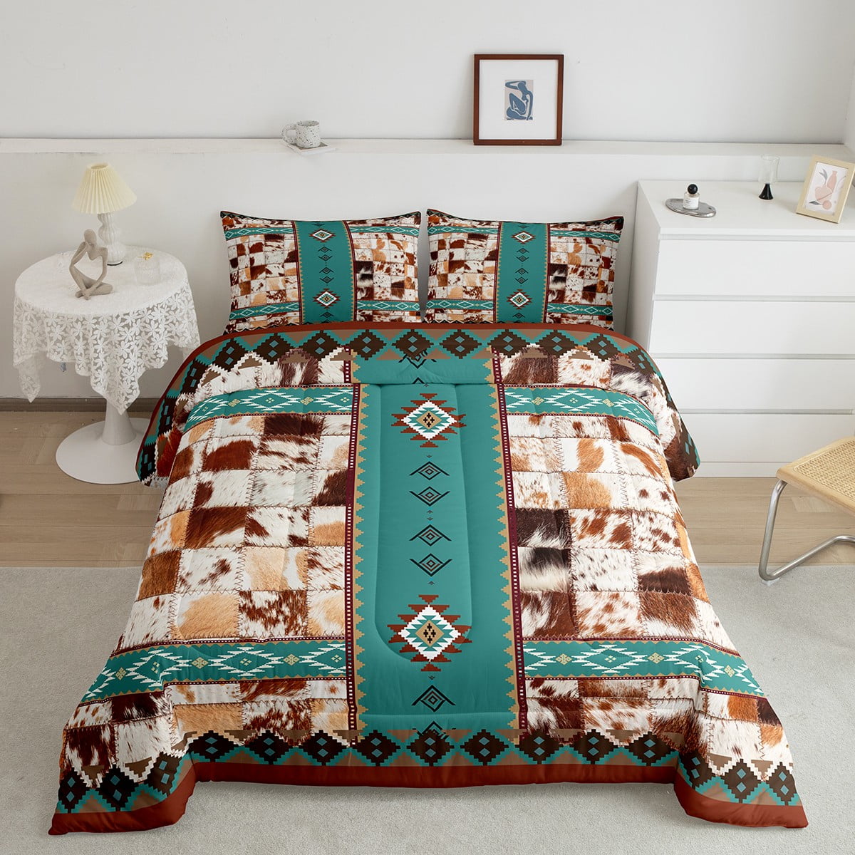 Patchwork Cowhide Bedding Set Geometric Diamond Triangle Western ...