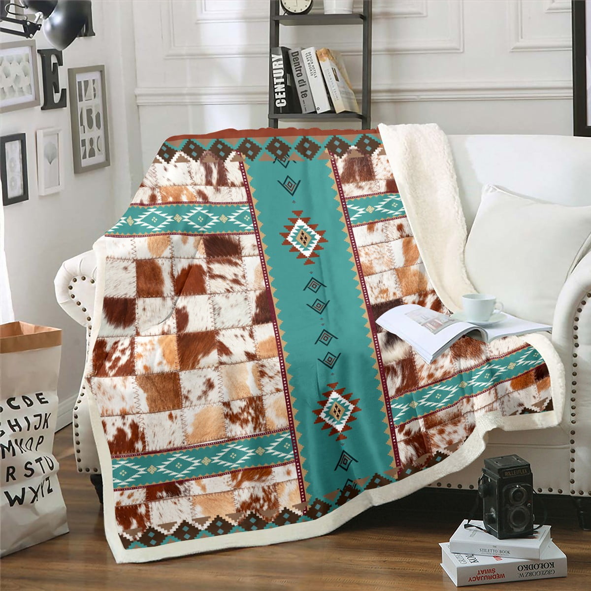 Patchwork Cowhide Blanket Geometric Diamond Triangle Western Throw ...