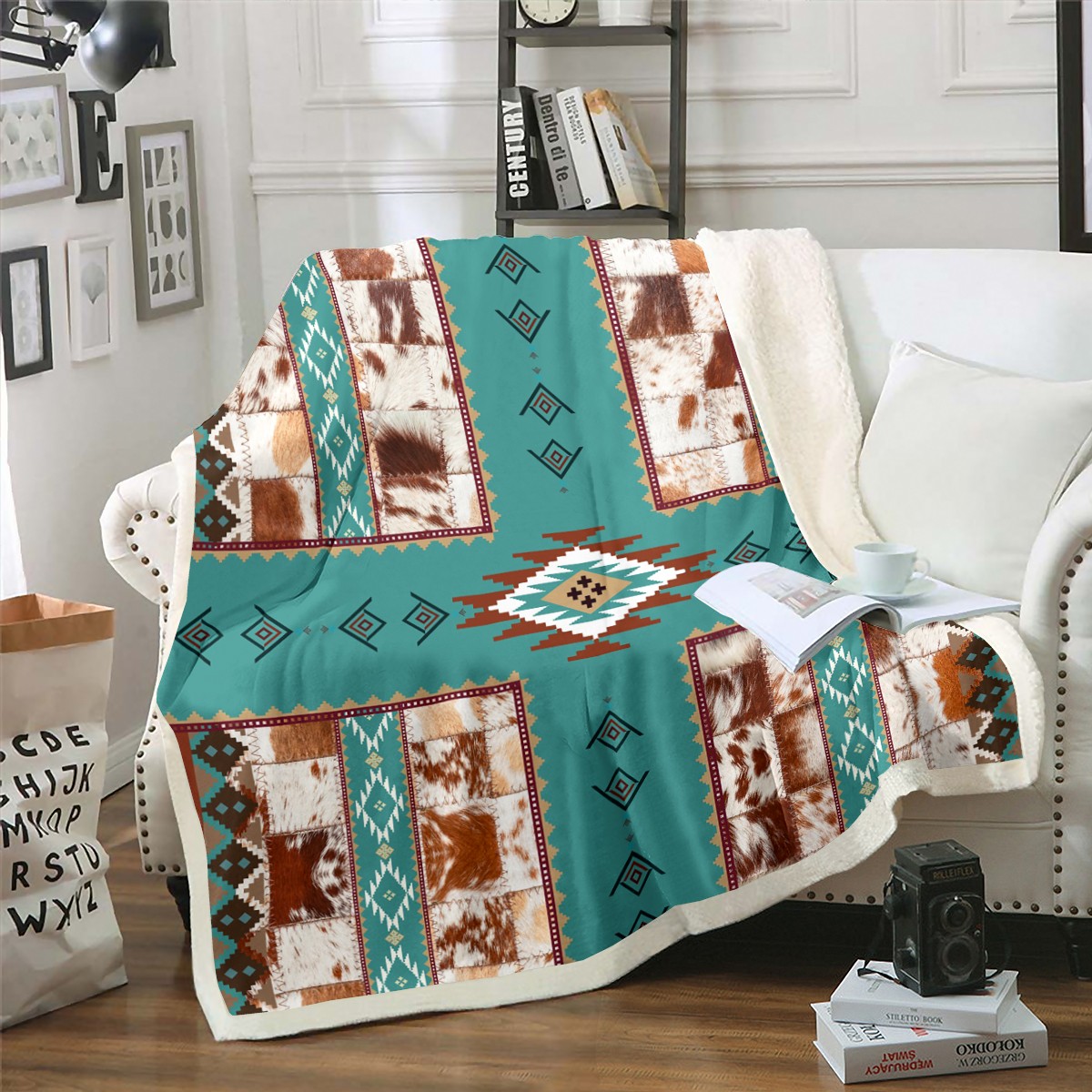 Patchwork Cowhide Blanket Geometric Diamond Triangle Western Throw ...