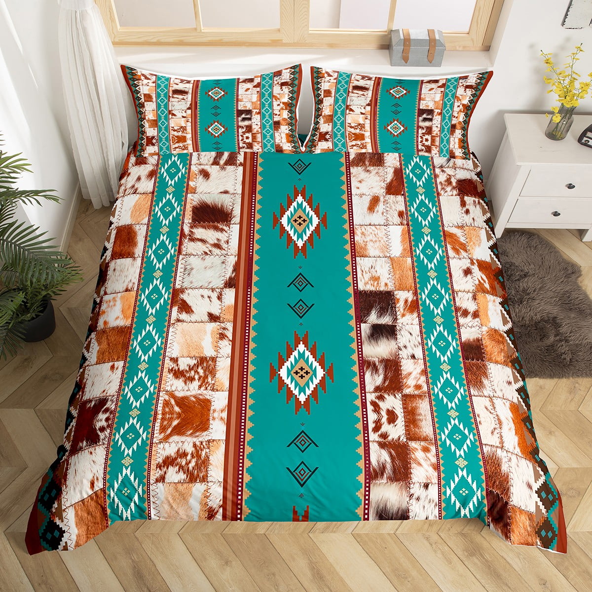 Patchwork Cowhide Duvet Cover Bohemian Exotic Geometry Western Bedding ...