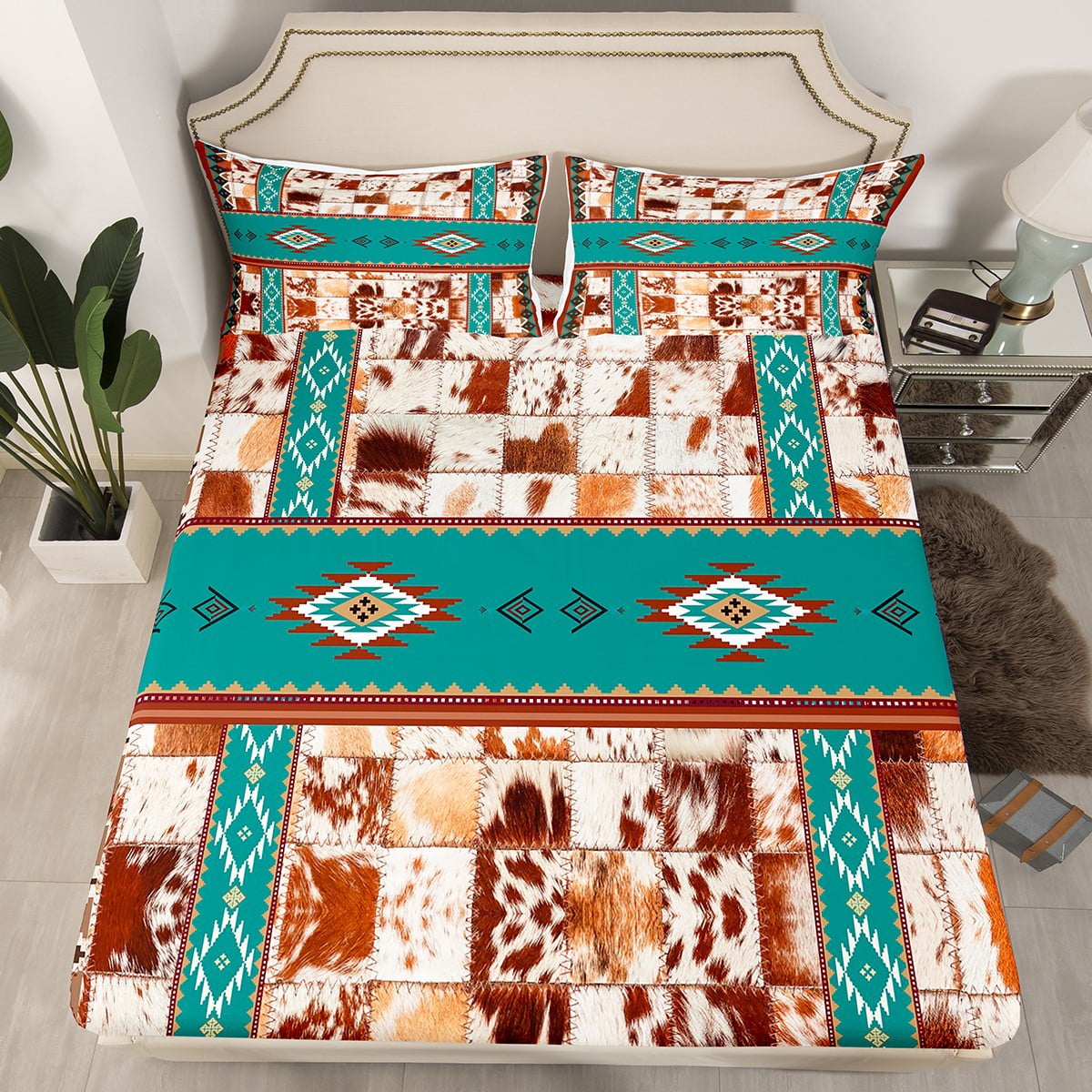 Patchwork Cowhide Fitted Sheet Bohemian Exotic Geometry Western Bed ...