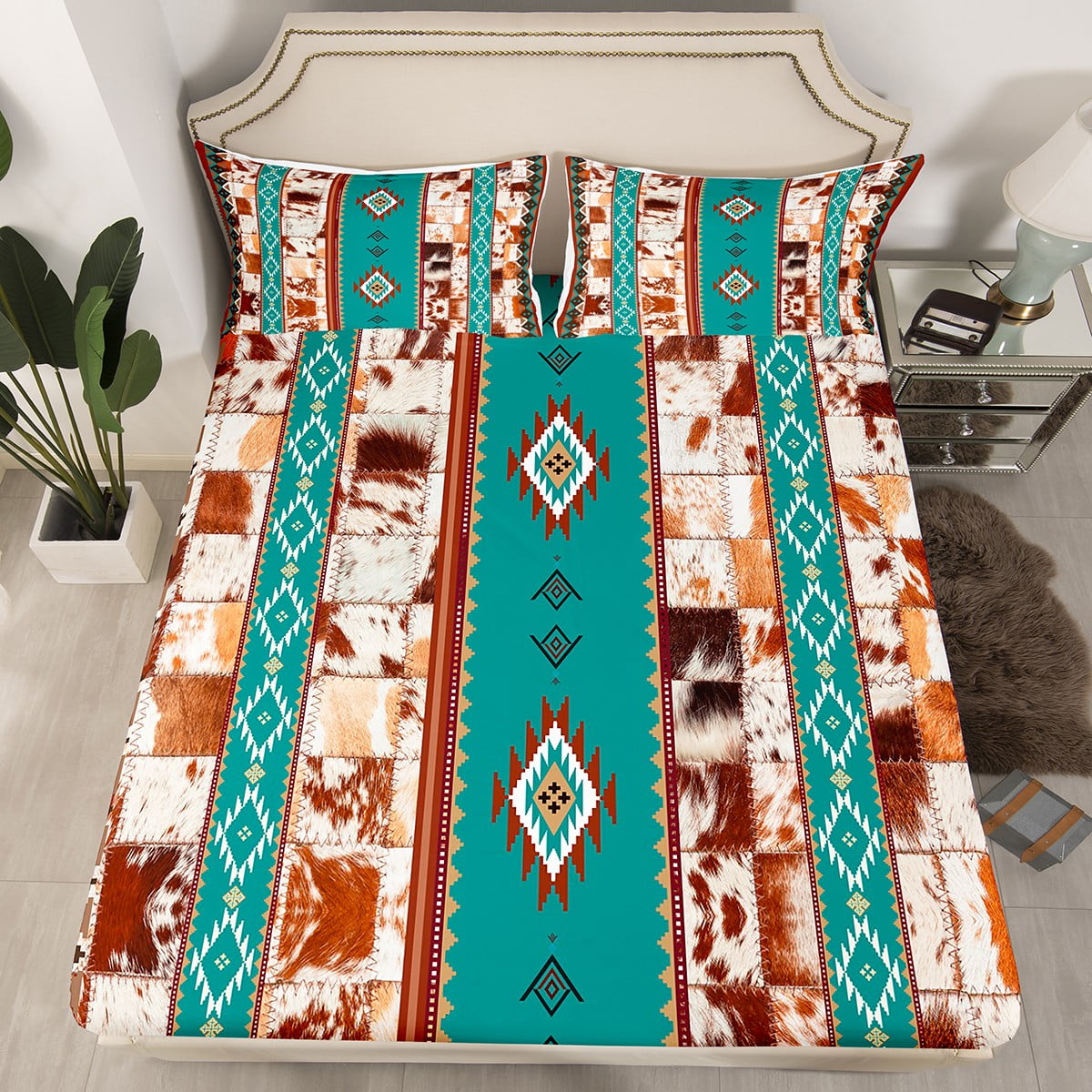Patchwork Cowhide Fitted Sheet Bohemian Exotic Geometry Western Bed ...