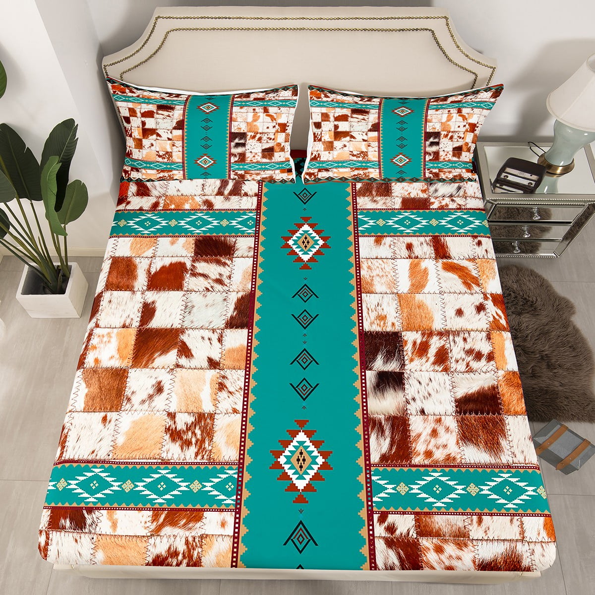 Patchwork Cowhide Fitted Sheet Geometric Diamond Triangle Western Bed ...