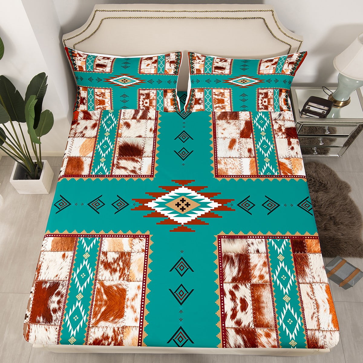 Patchwork Cowhide Fitted Sheet Geometric Diamond Triangle Western Bed ...