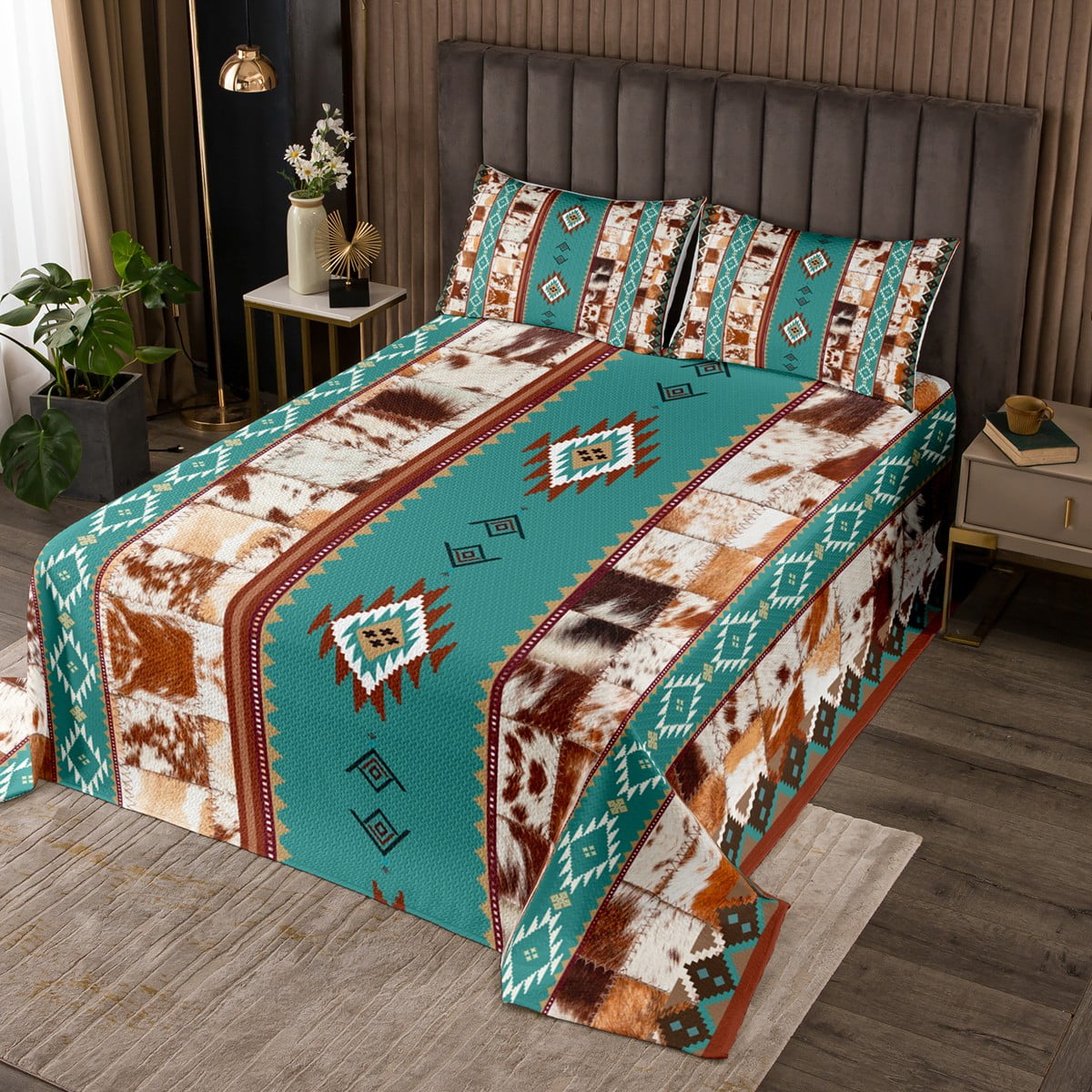 Patchwork Cowhide Quilt Set Bohemian Exotic Geometry Western Bedspread Set Queen,Tribe Arrow ...