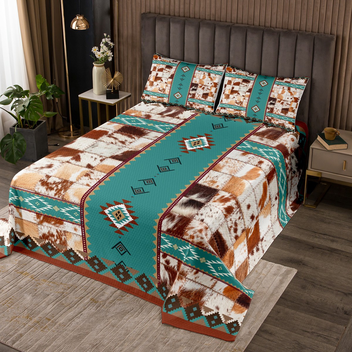 Patchwork Cowhide Quilt Set Geometric Diamond Triangle Western ...