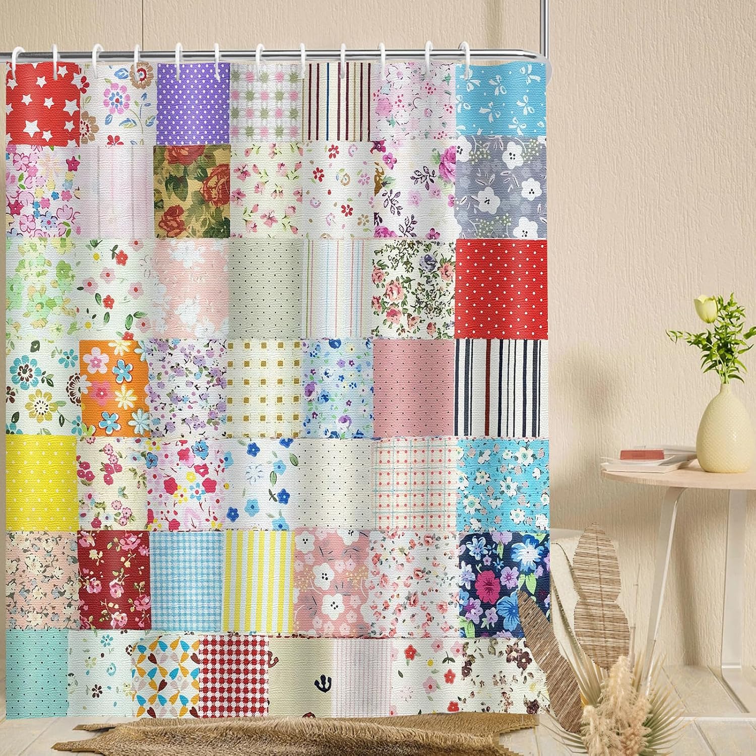 Patchwork Floral Shower Curtain Set, Patch Boho Flowers Country Herbs ...