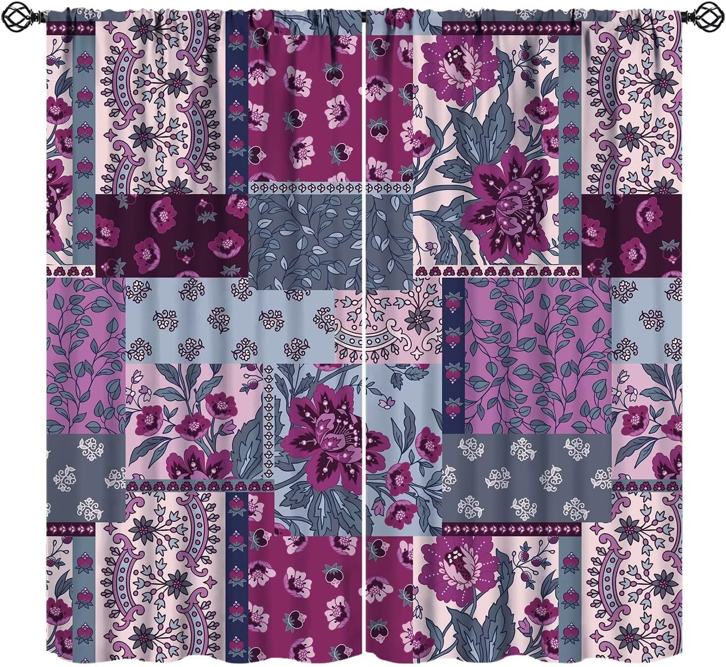 Patchwork Flower Purple Curtains Spring Colorful Wildflower Retro Boho ...