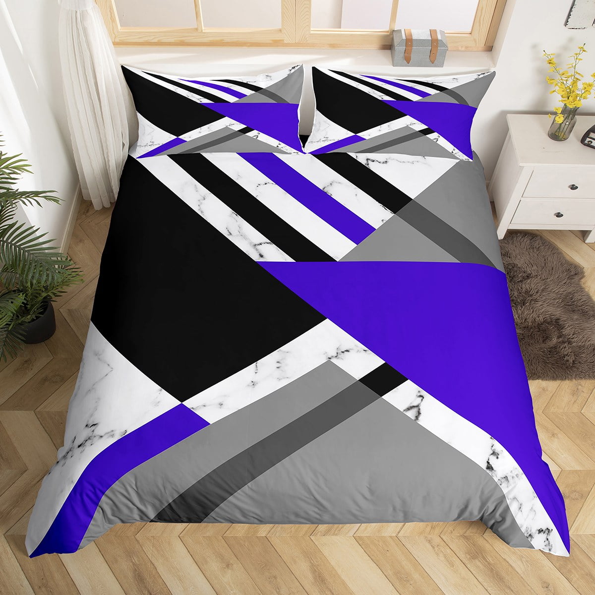 Patchwork Geometry Comforter Cover King Dark Blue Grey Black White ...