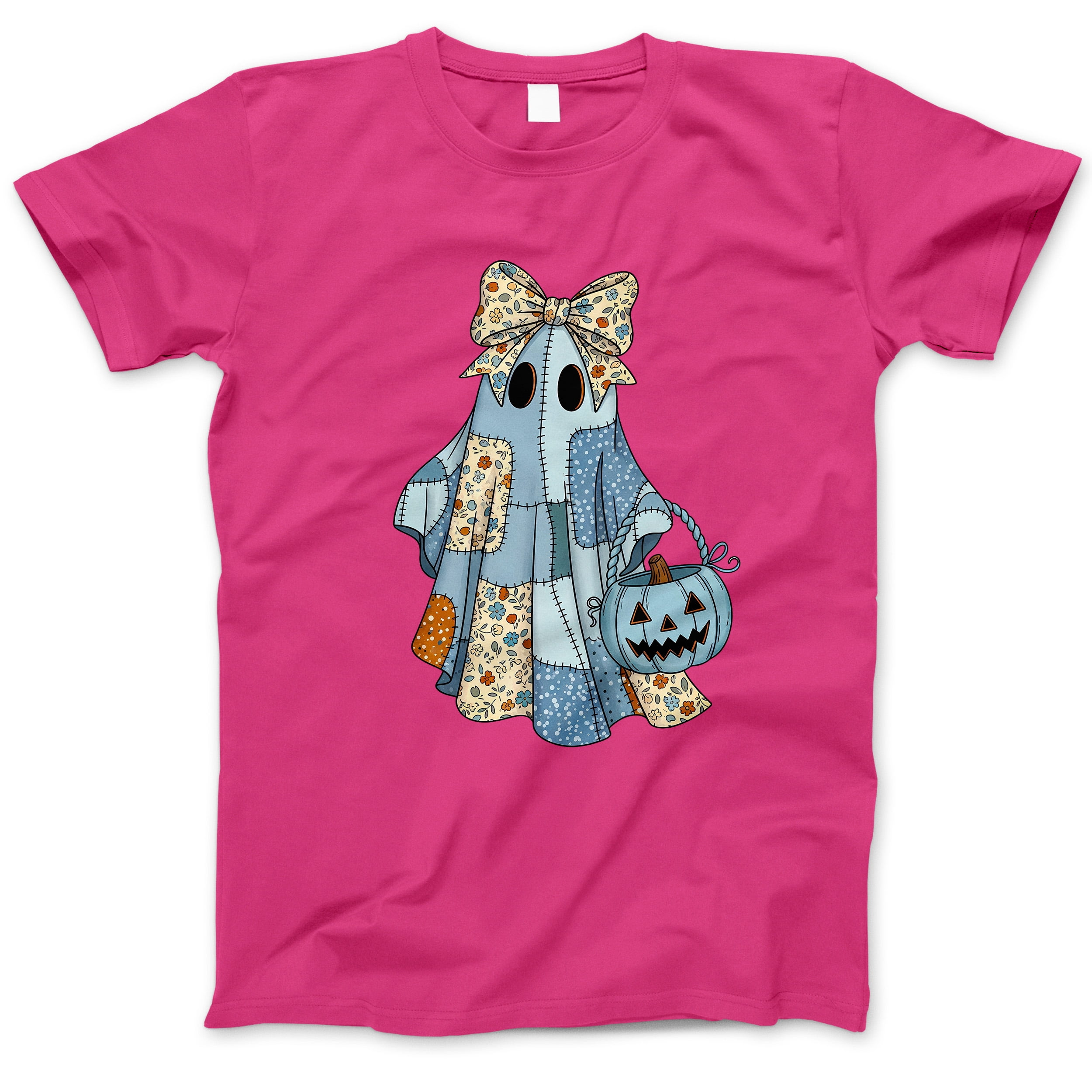 Patchwork Ghost Halloween T-Shirt, Cute Quilt Style Ghost with Bow and Pumpkin Bucket Tee ...