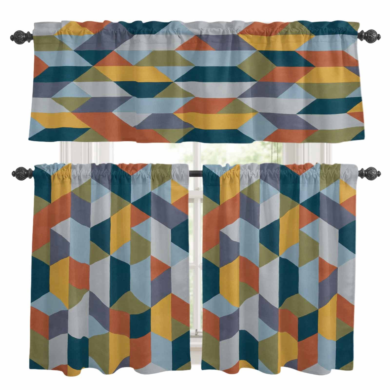Patchwork Kitchen Curtains Valances and Tiers Set of 3 Colorful ...