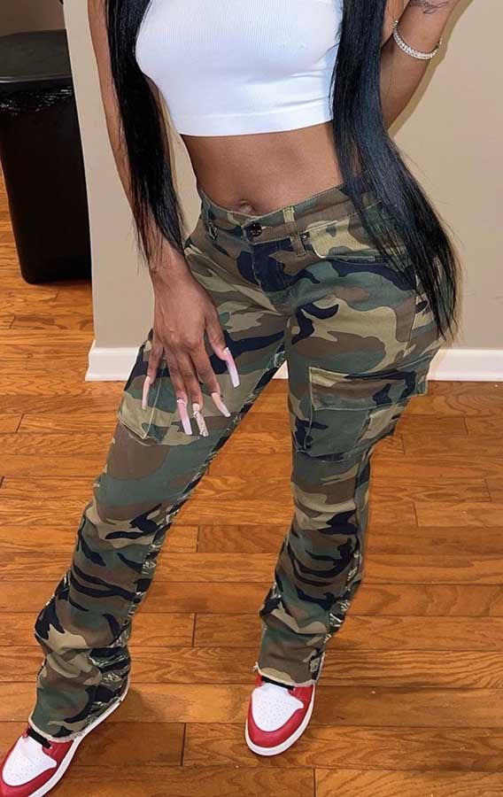 Patchwork Micro Flared Camouflage Cargo Pants (XL, MultiGreen ...
