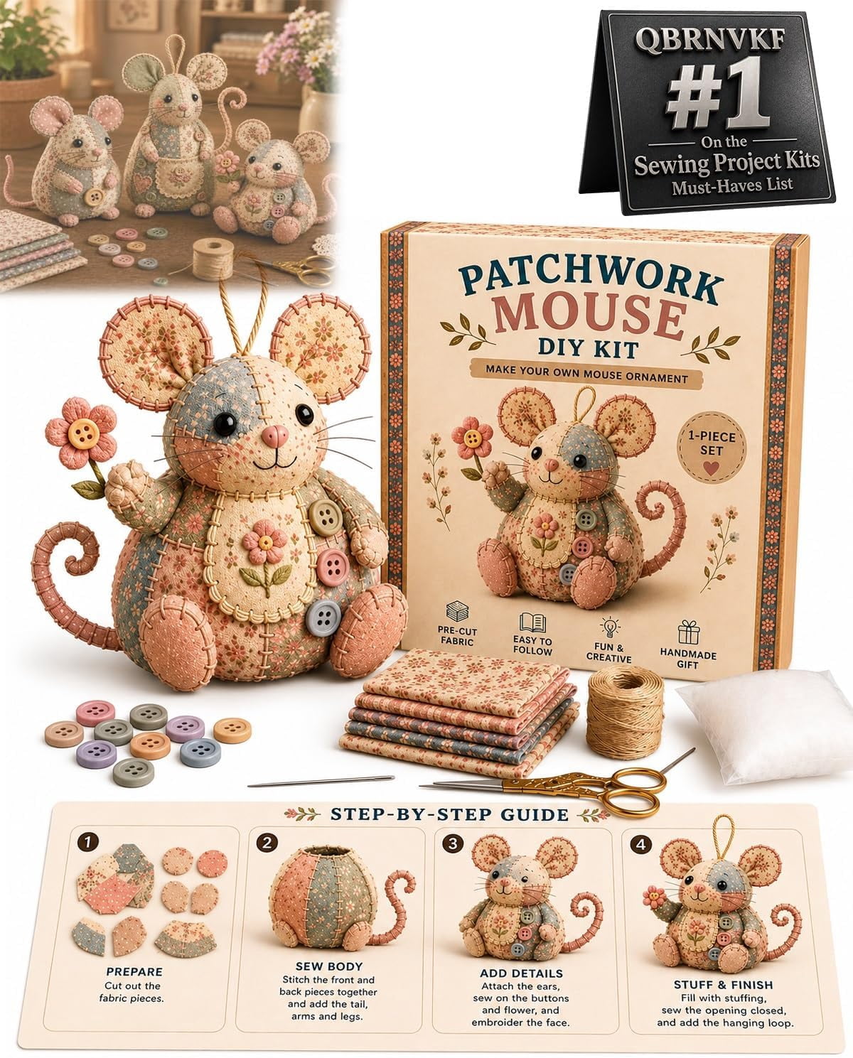 Patchwork Mouse DIY Kit Handmade Sewing Craft Set with Floral Fabric ...