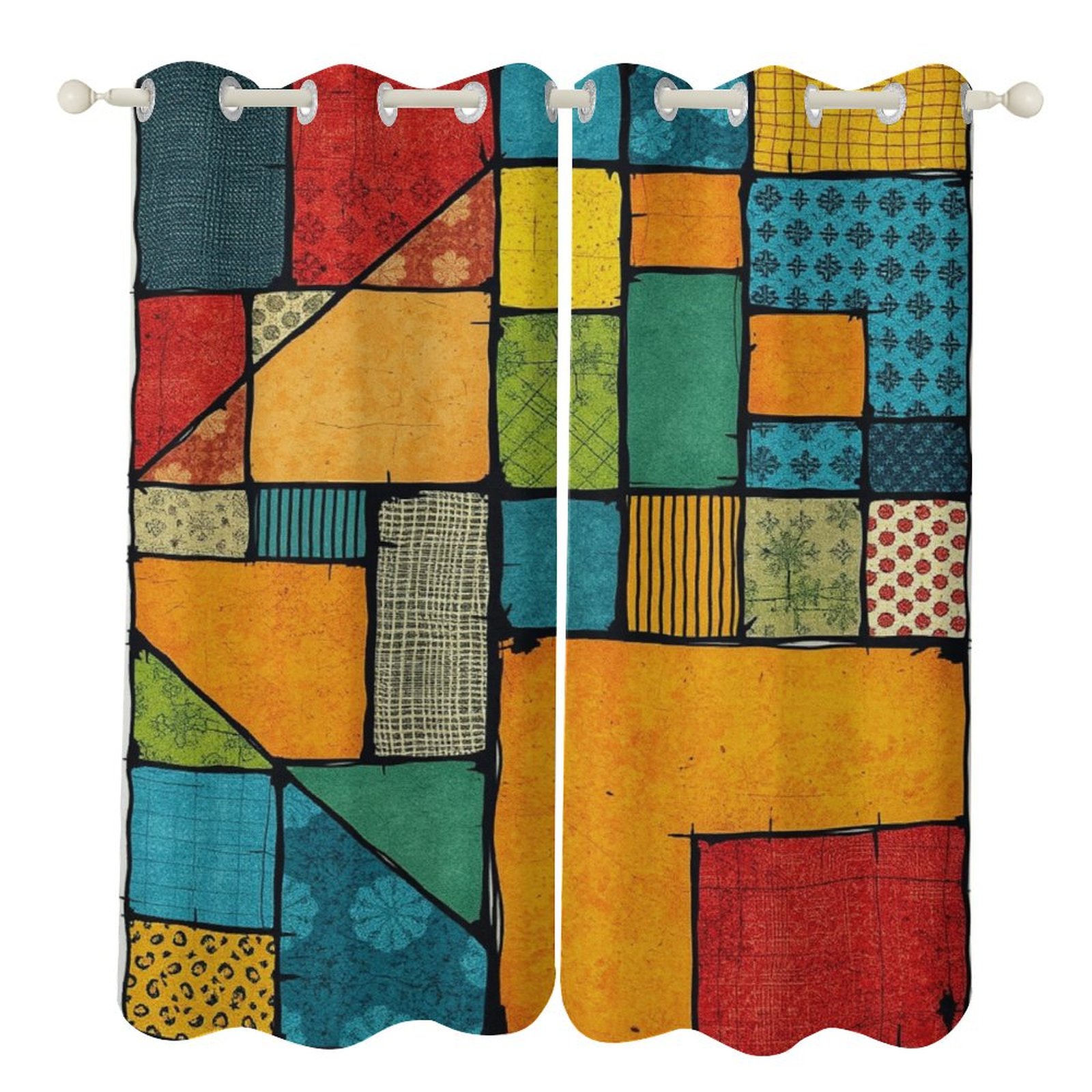 Patchwork Print 2 Pieces Window Drape Curtain for Living Room Bedroom ...