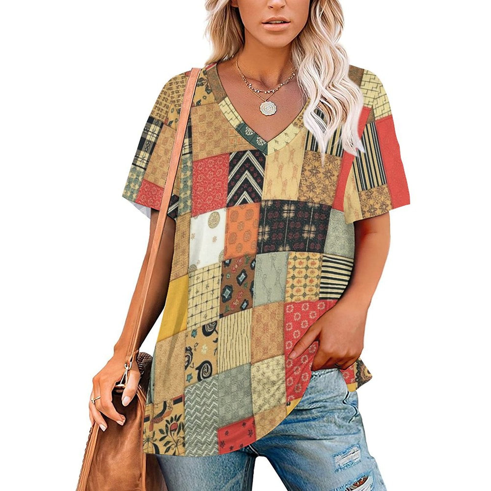 Patchwork Print V Neck Fashion Oversize T-Shirt Short Sleeve Aesthetic ...