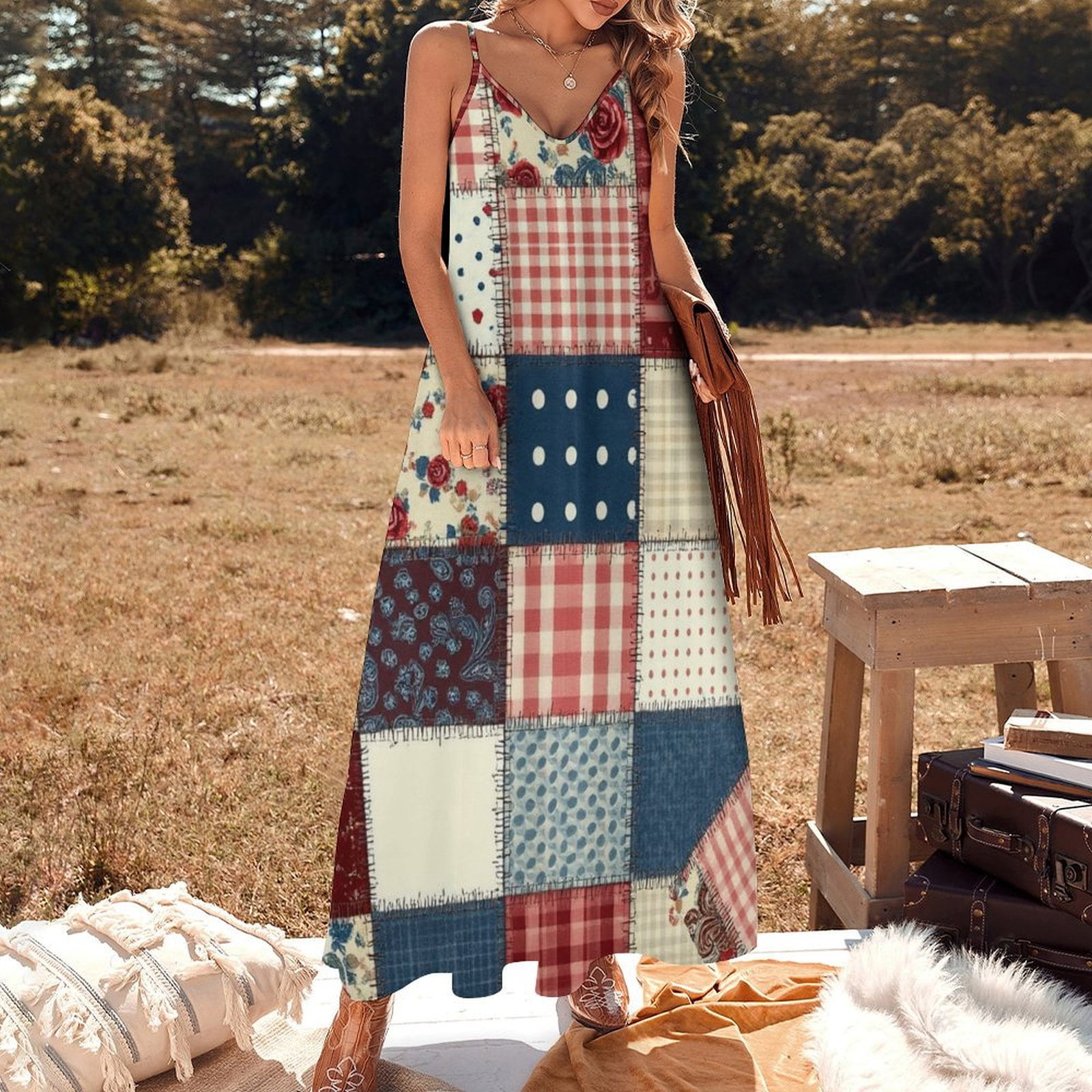 Patchwork Quilt Pattern-2 Sleeveless Dress Loose Women's Dress Cocktail ...