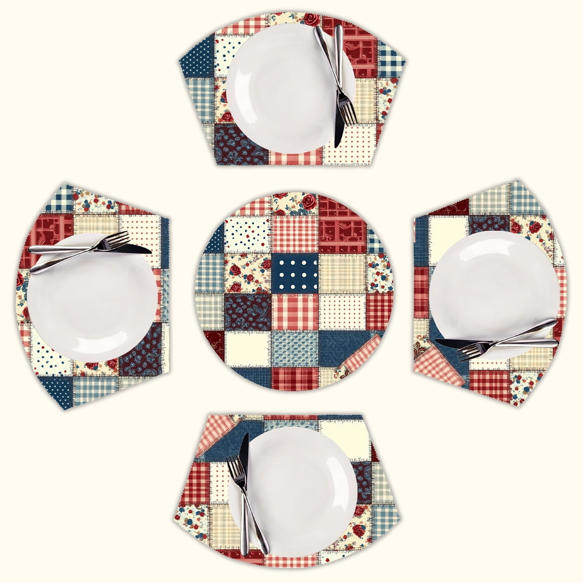 Patchwork Quilt Pattern Round Table Placemats Set Of 5 Wedge Table Mats ...