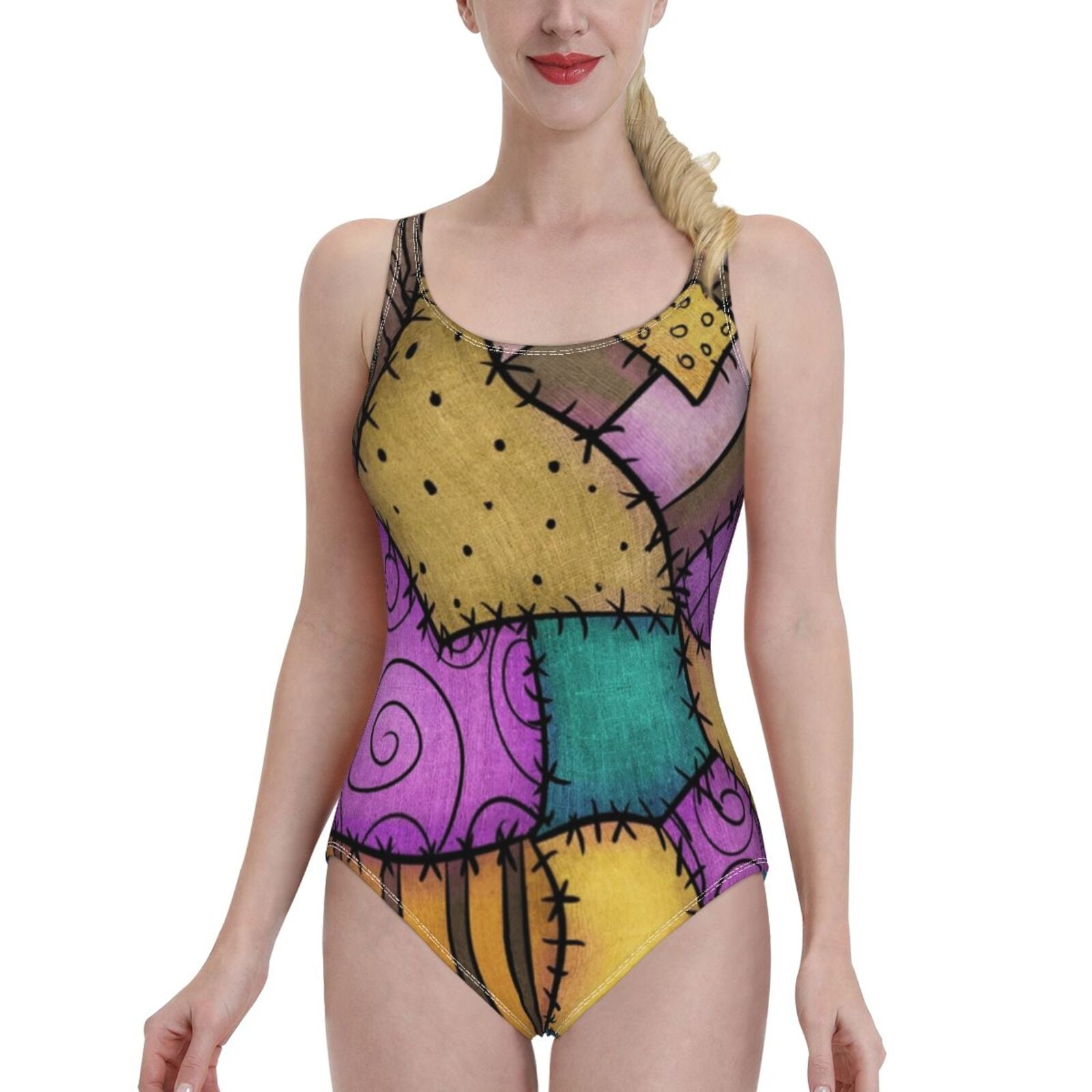 Patchwork Scraps One Shoulder Ruffle Swimsuit Print Swimwear Female One Piece Monokini Bathing ...