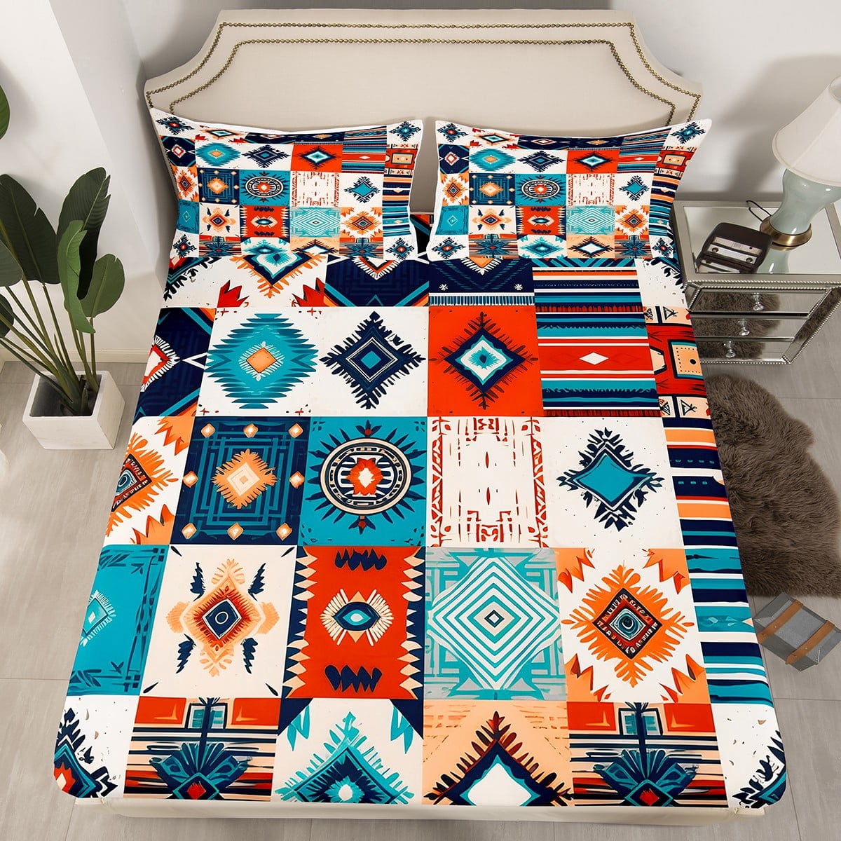 Patchwork Southwestern Bed Sheets Twin Western Boho Fitted Sheet Aztec ...