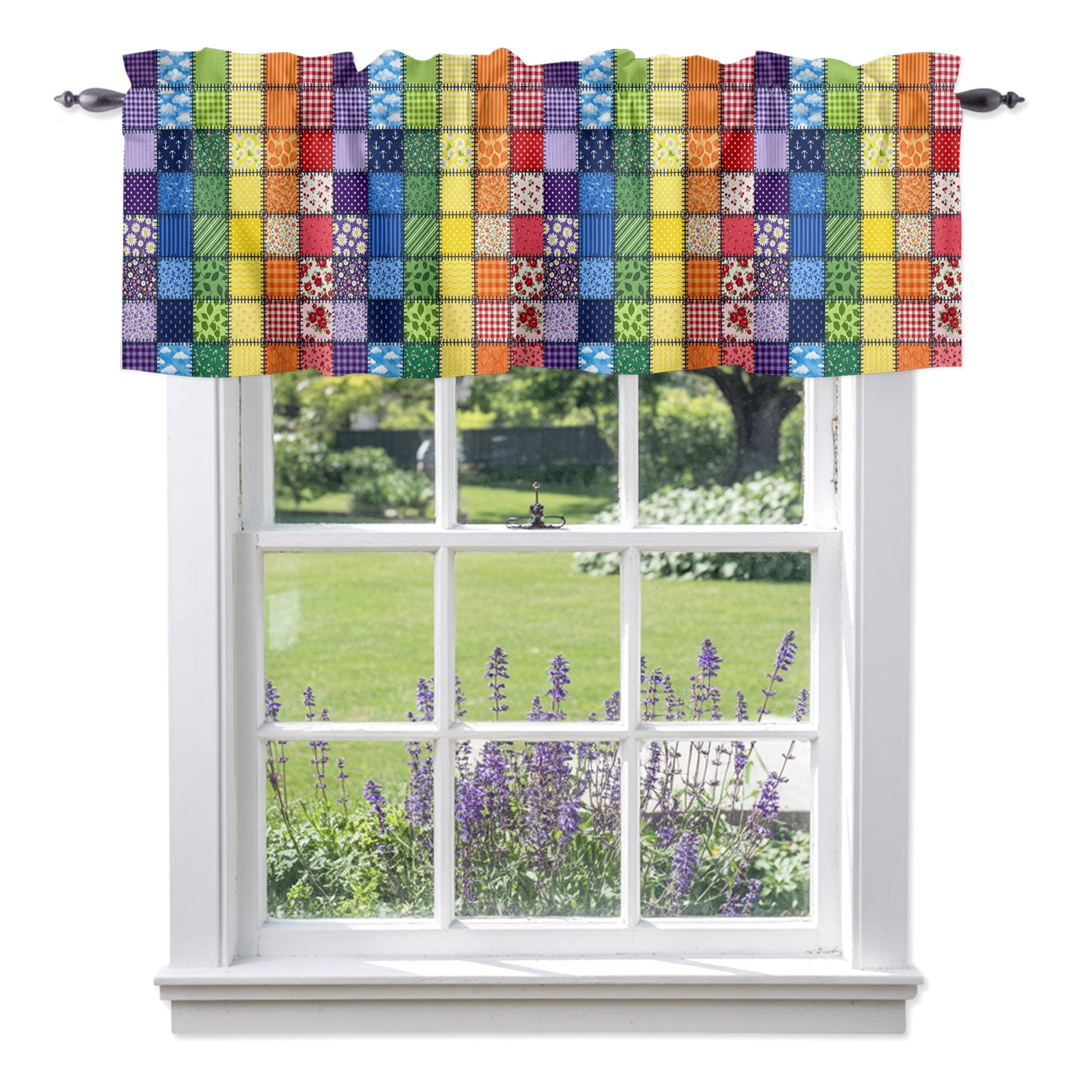 Patchwork Squares Window Valance for Kitchen, Vintage Red Floral Green ...