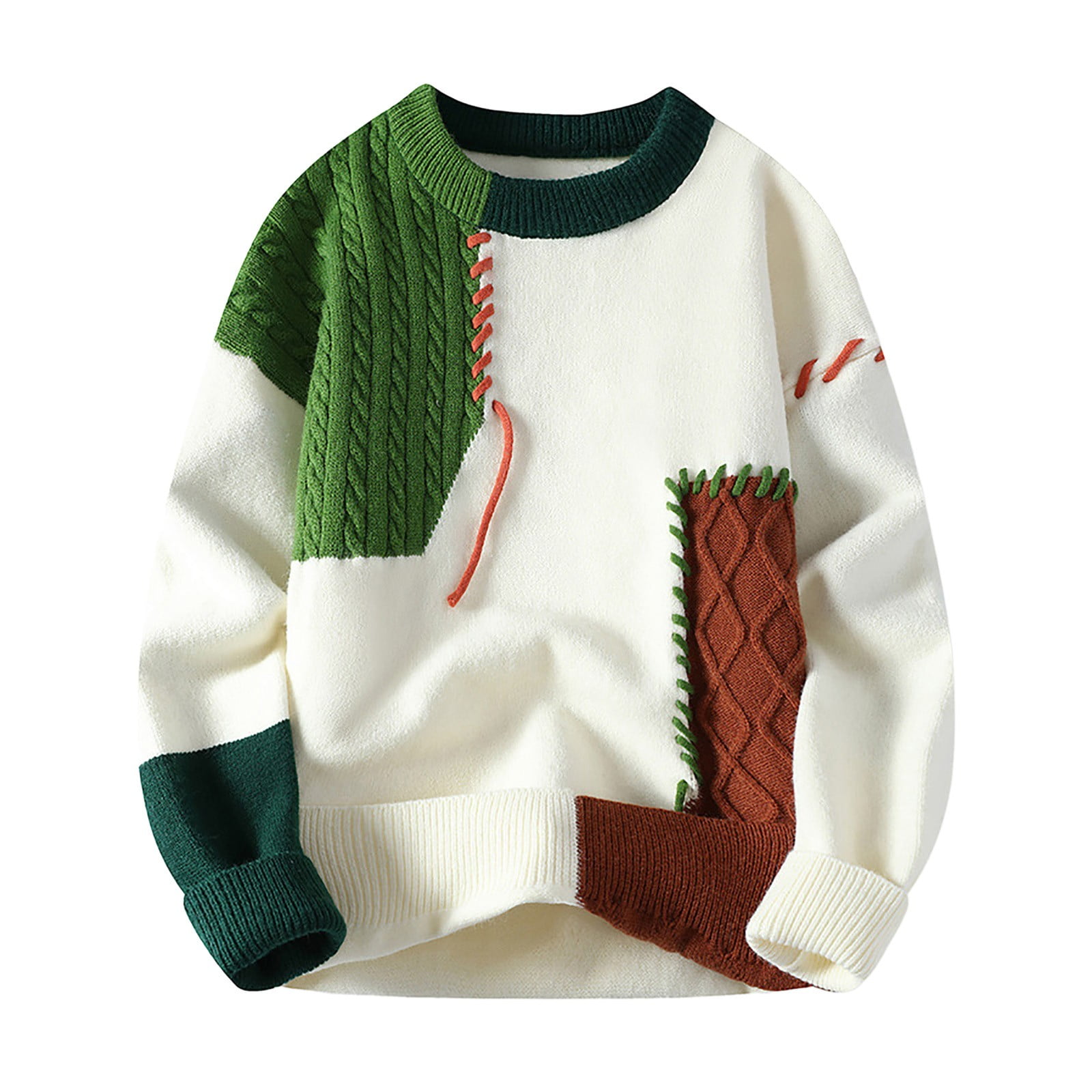 Patchwork Sweater Mens Colorblock Jumper Cable Knitted Pullover Oversized,Green,2XL - Walmart.com